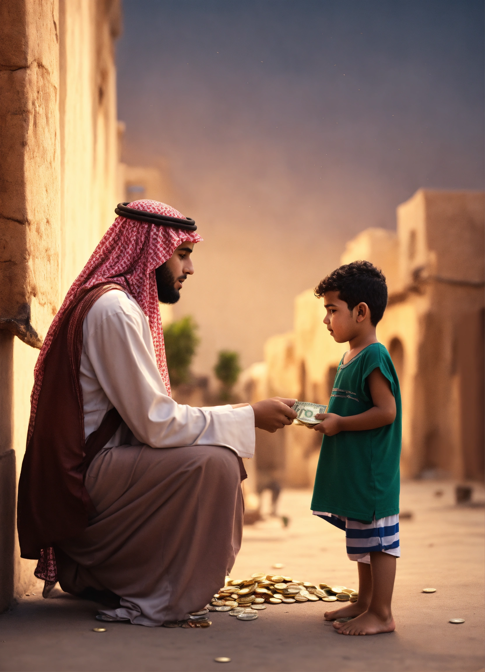 Lexica - Young arab man gives money to poor kid, realistic 4k
