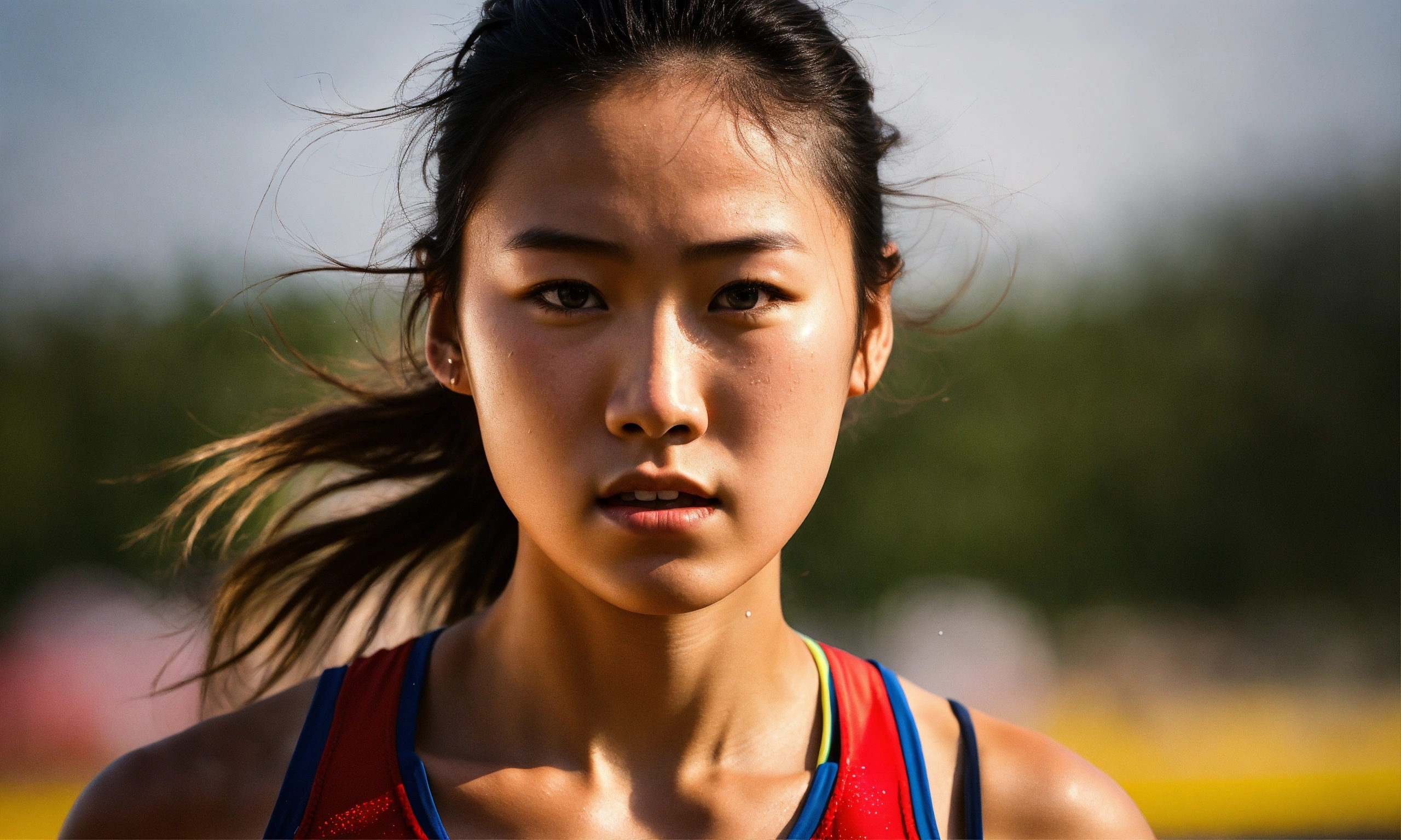 Lexica - Mid-day at a track field. Ultra close-up shot of an 18-year ...