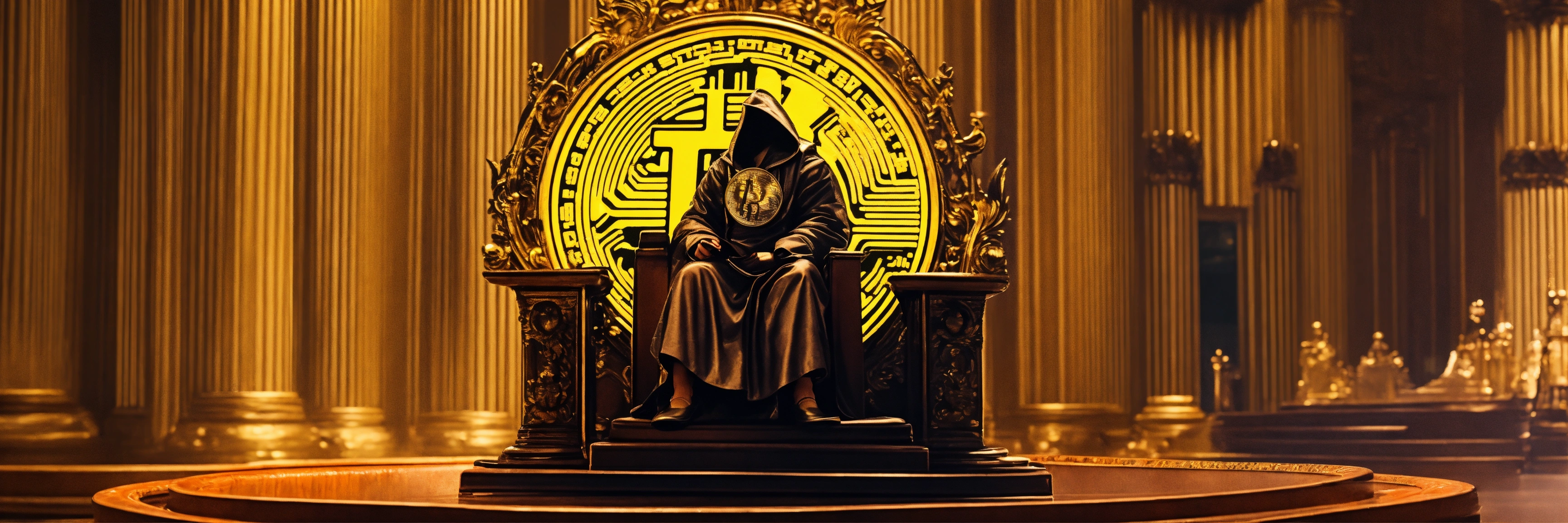 Lexica - A bitcoin sitting in the throne. At the background is a ...