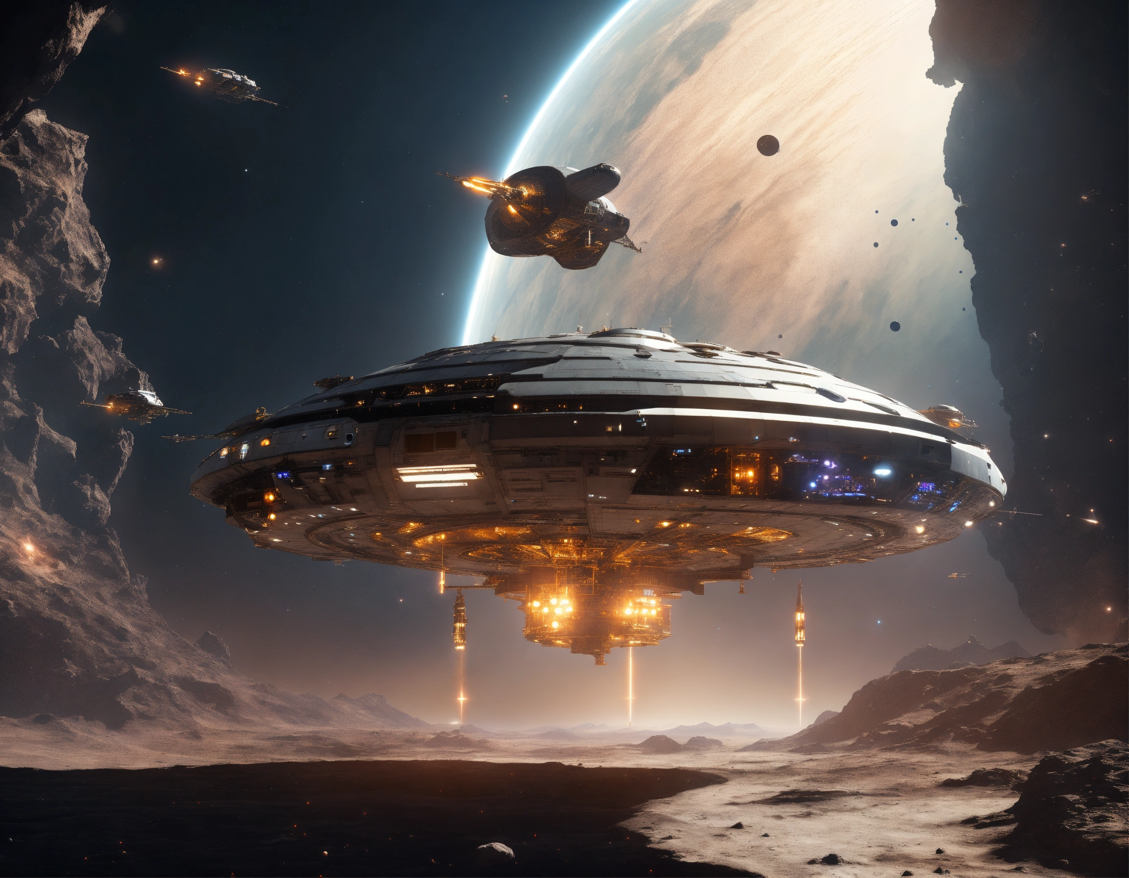 Lexica - Futuristic space craft flying through space toward a docking ...