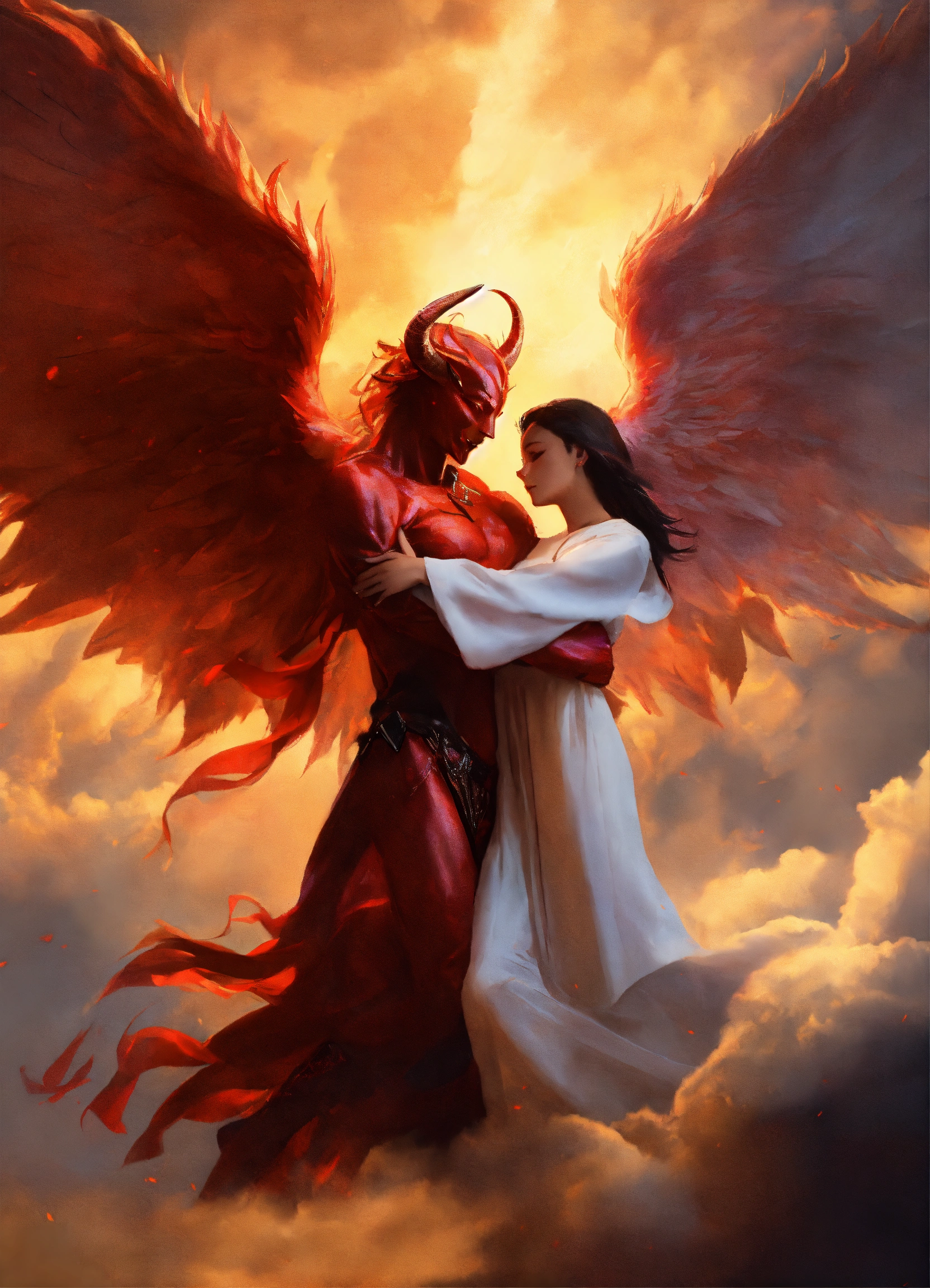 Lexica - Demon hugging an angel, flying, wide shot