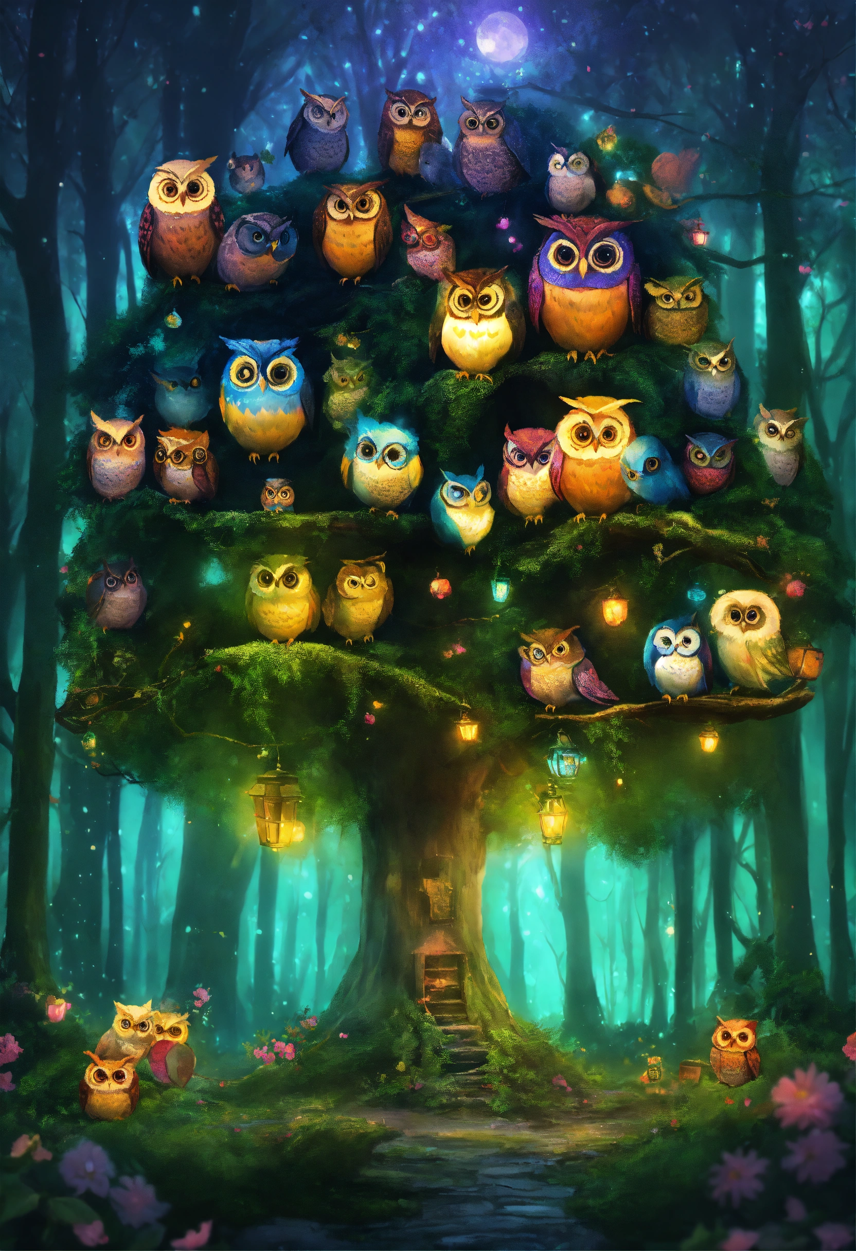 Lexica - Create an image of a forest of enchanted owls