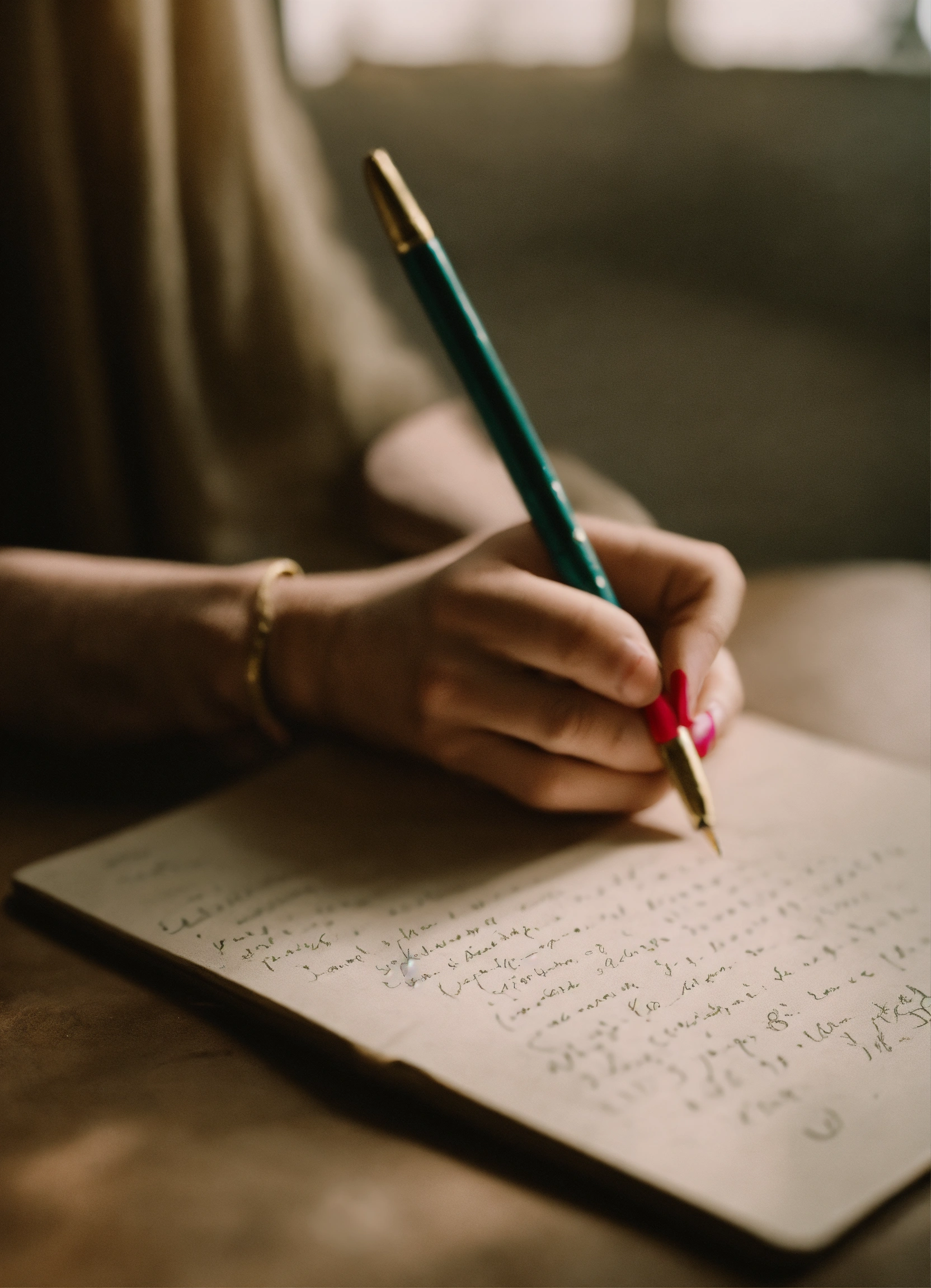 Lexica - Play a prompt of a wide shot showing a woman's hand writing