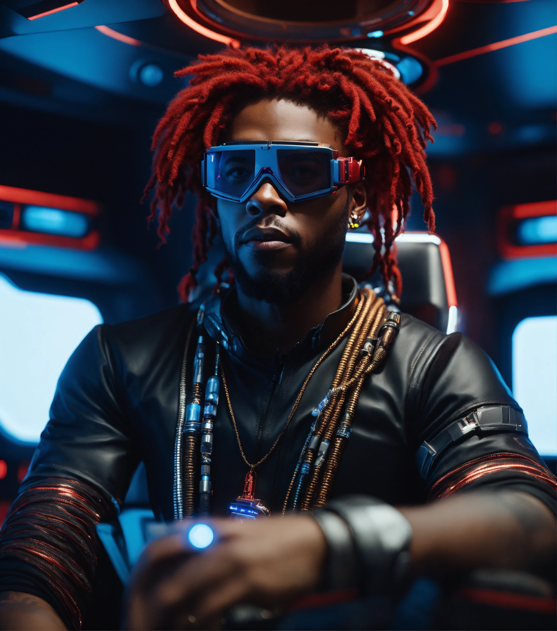 Lexica - Zoom out of a black male rockstar with AR glasses and red ...