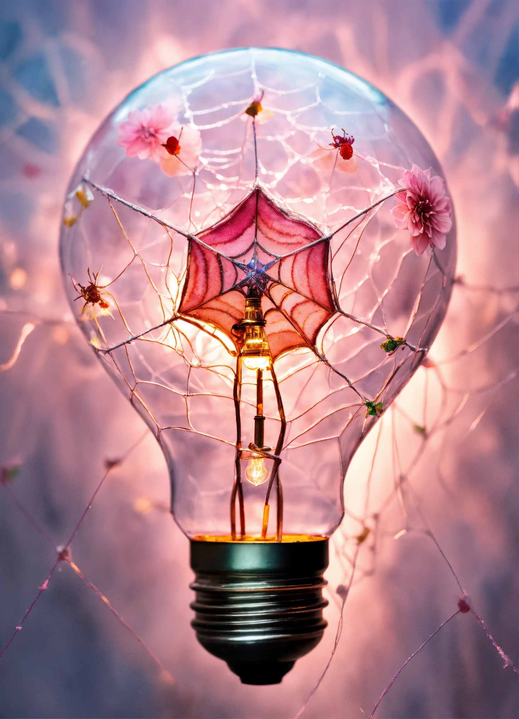 Lexica - Pastel light pink Spiderweb inside, edison lightbulb heart ...