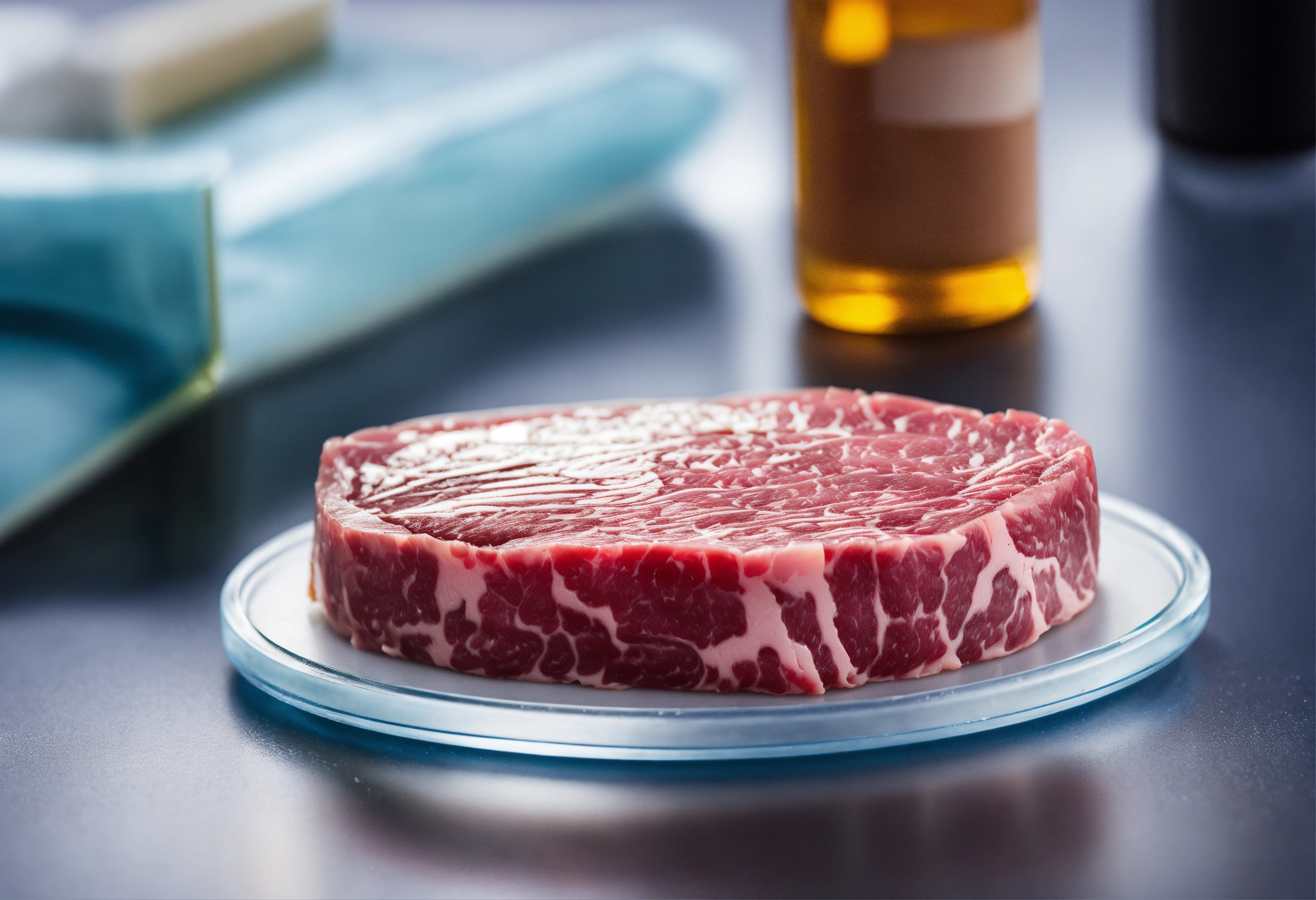 Lexica - Miature piece of raw steak sample in a petri dish on a ...