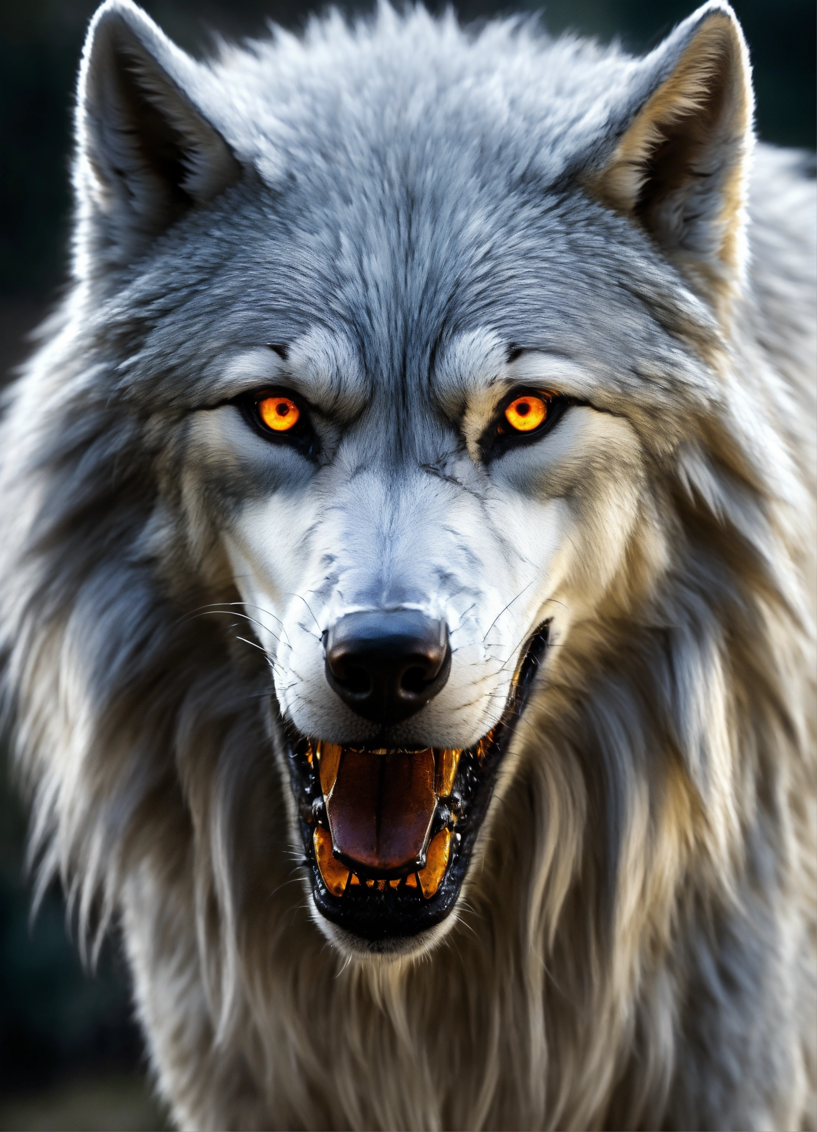 Lexica - Very large silver wolf with amber eyes. Almost human looking ...