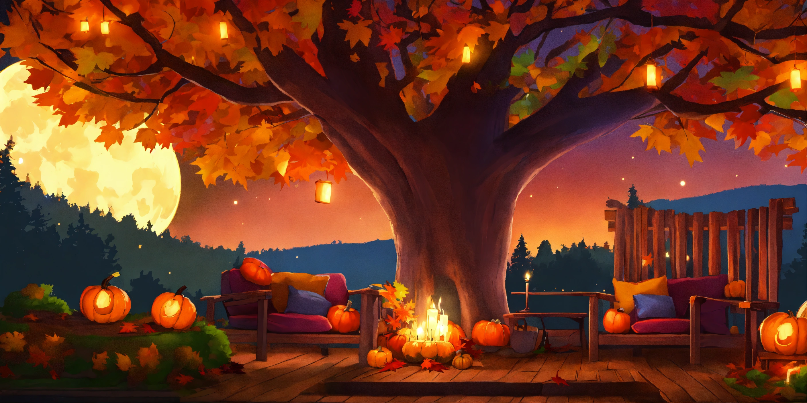 Lexica - Fall theme patio, big comfy couch, fluffy rug, fall leaves ...