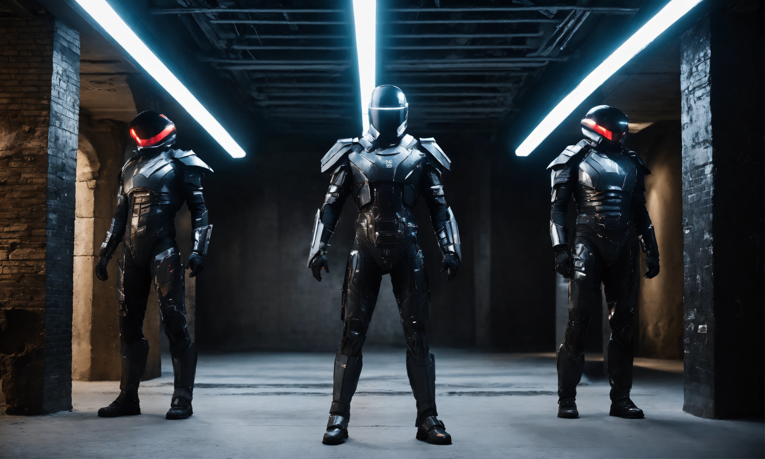 Lexica - An ultrarealistic photograph of three different minimalist futuristic full body power ...