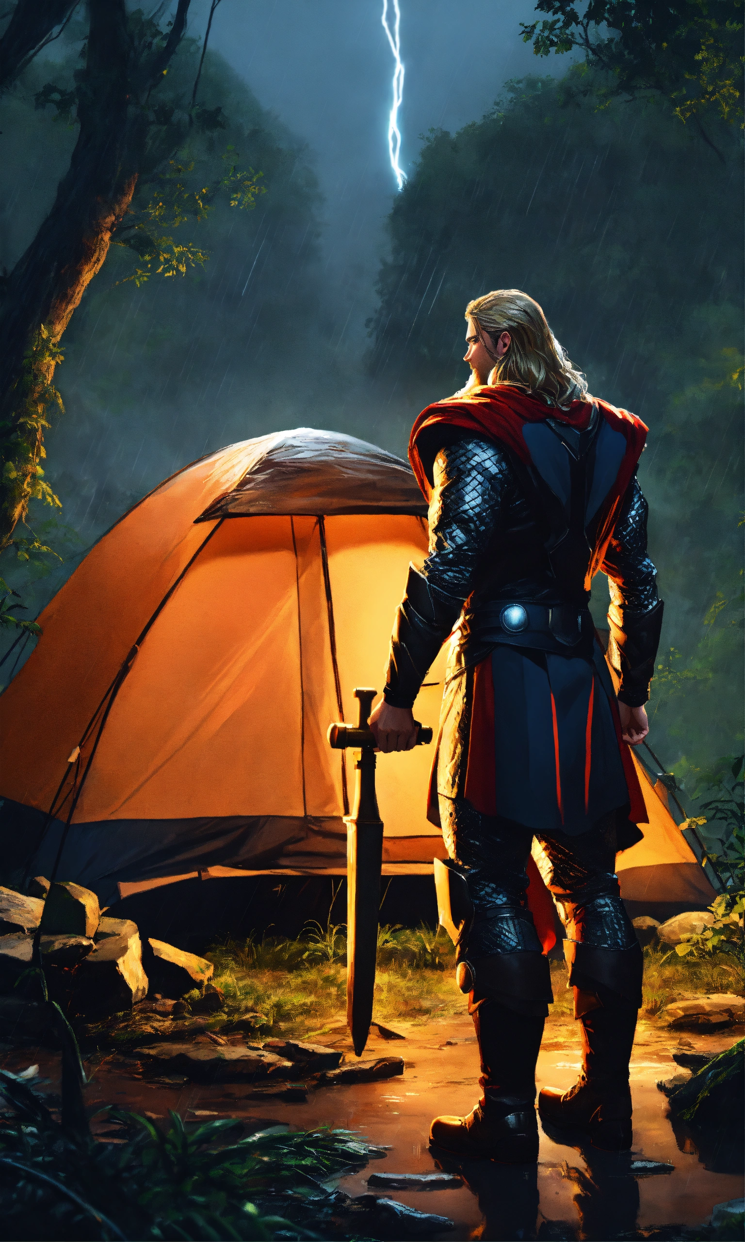 Lexica - Thor camping on a rainy day in the jungle at night, nature ...