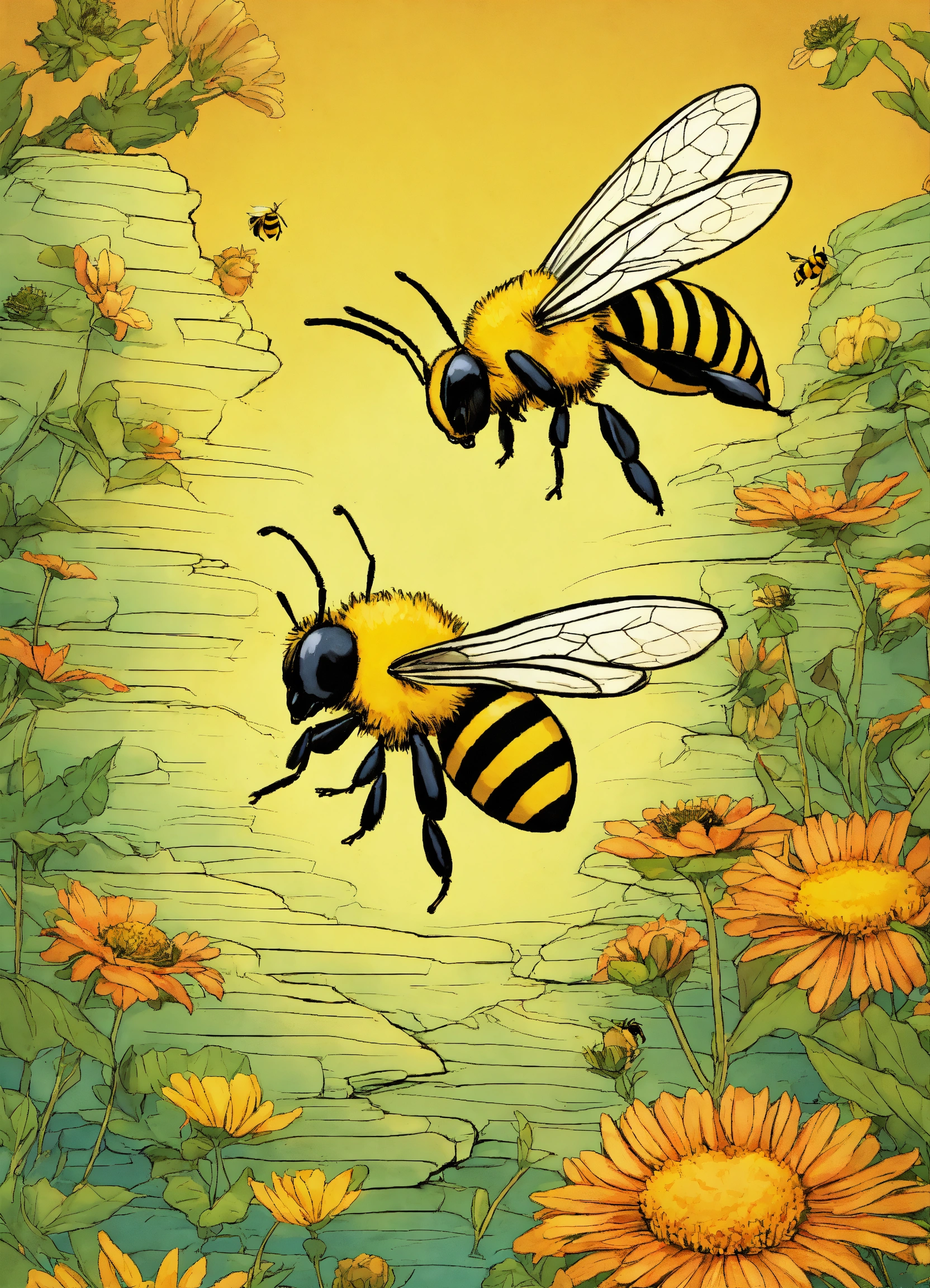 Lexica - Comics, in the middle of the drawing, a bee , flies background