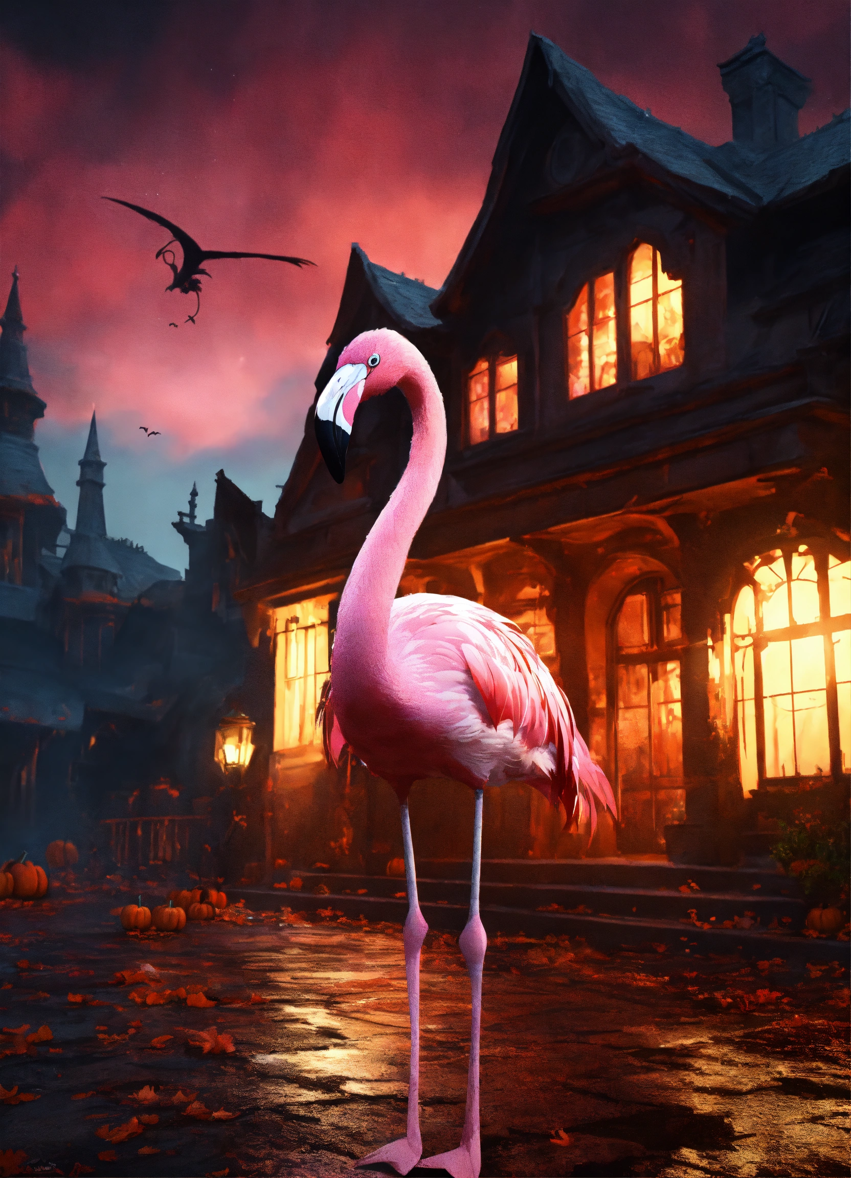 Lexica - A ‘pink flamingo in a dragon costume visiting a haunted house ...