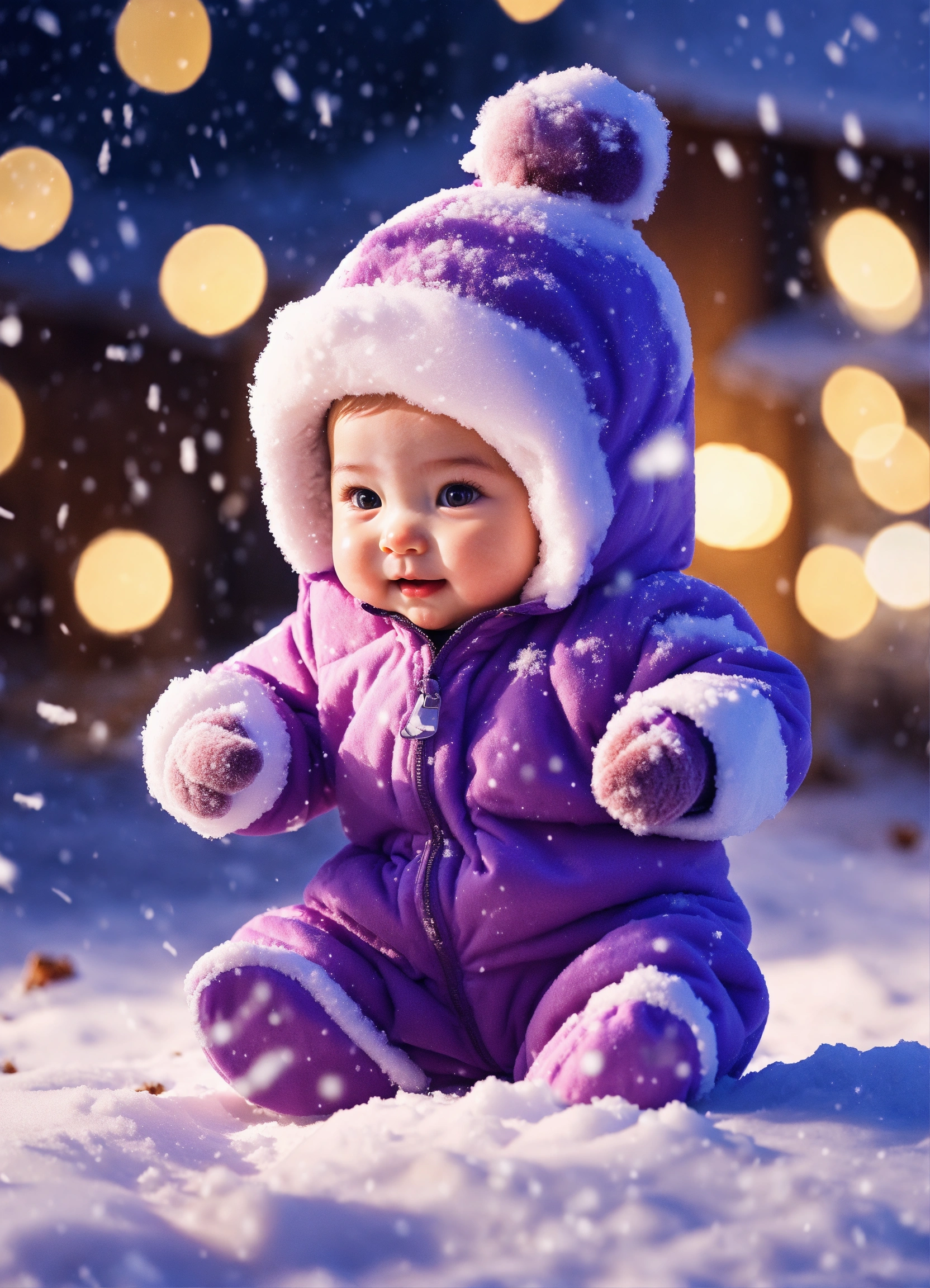 Lexica - A very cute snow baby animation in a purple snow suit playing ...