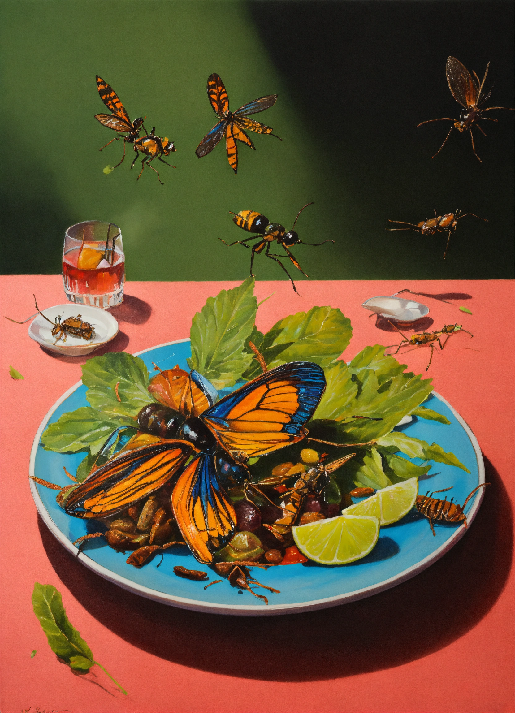 Lexica - Superrealist style, eating insects on a plate, vivid colors, day