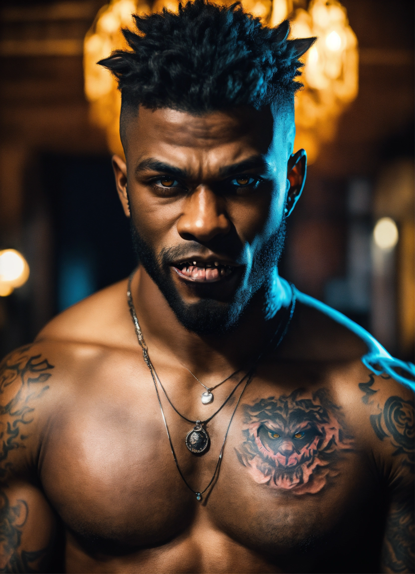 Lexica - Very Handsome, Black man, werewolf eyes, sharp teeth, tattoos ...