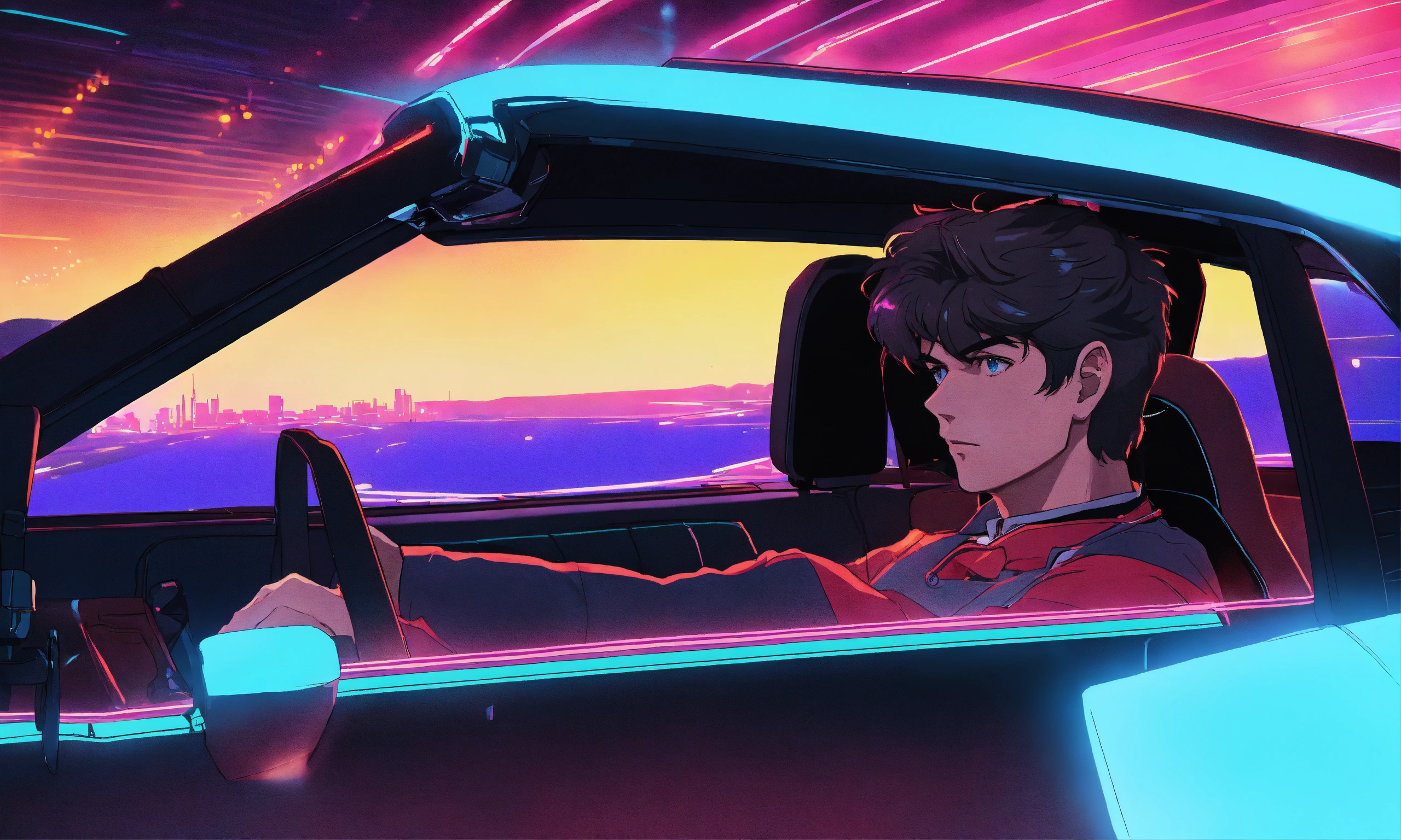 Lexica - 80s anime style, close up of man behind the wheel of sports ...