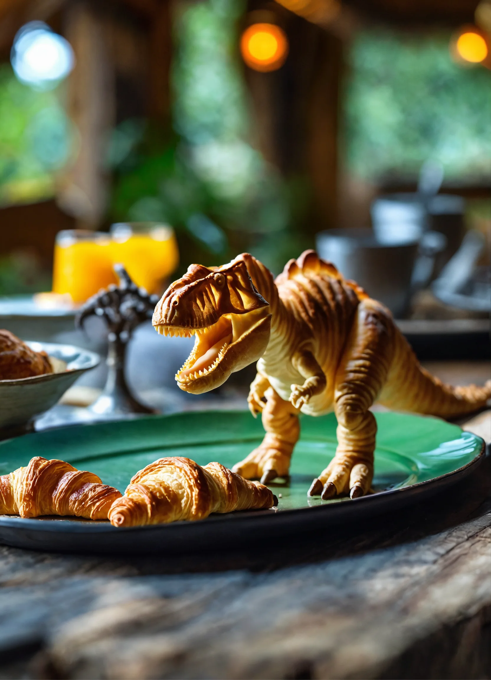 Lexica - A croissant Tyranosaurus Rex on a plate, a set breakfast table ...