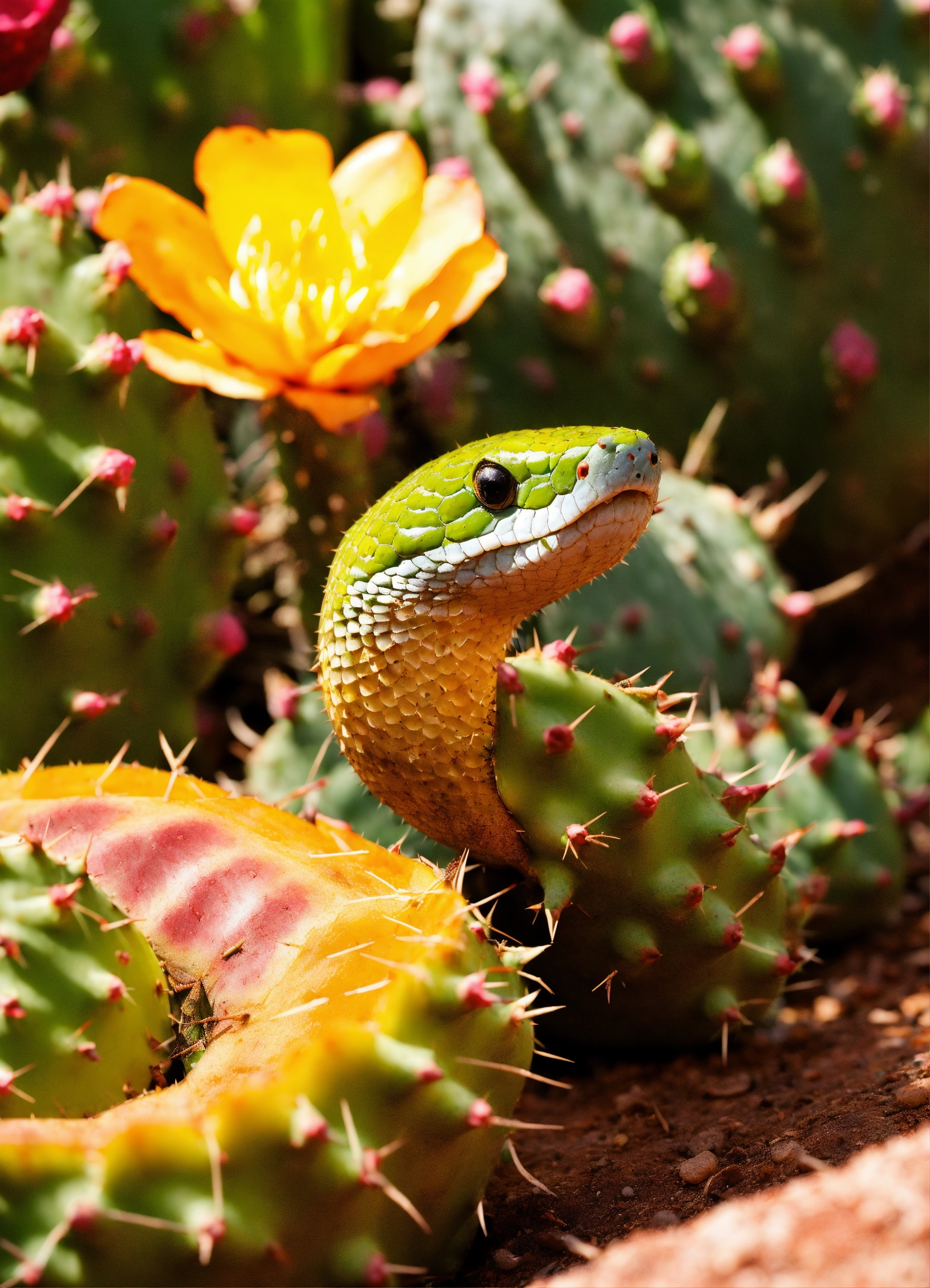 Lexica - Snake curling around a prickly pear cactus