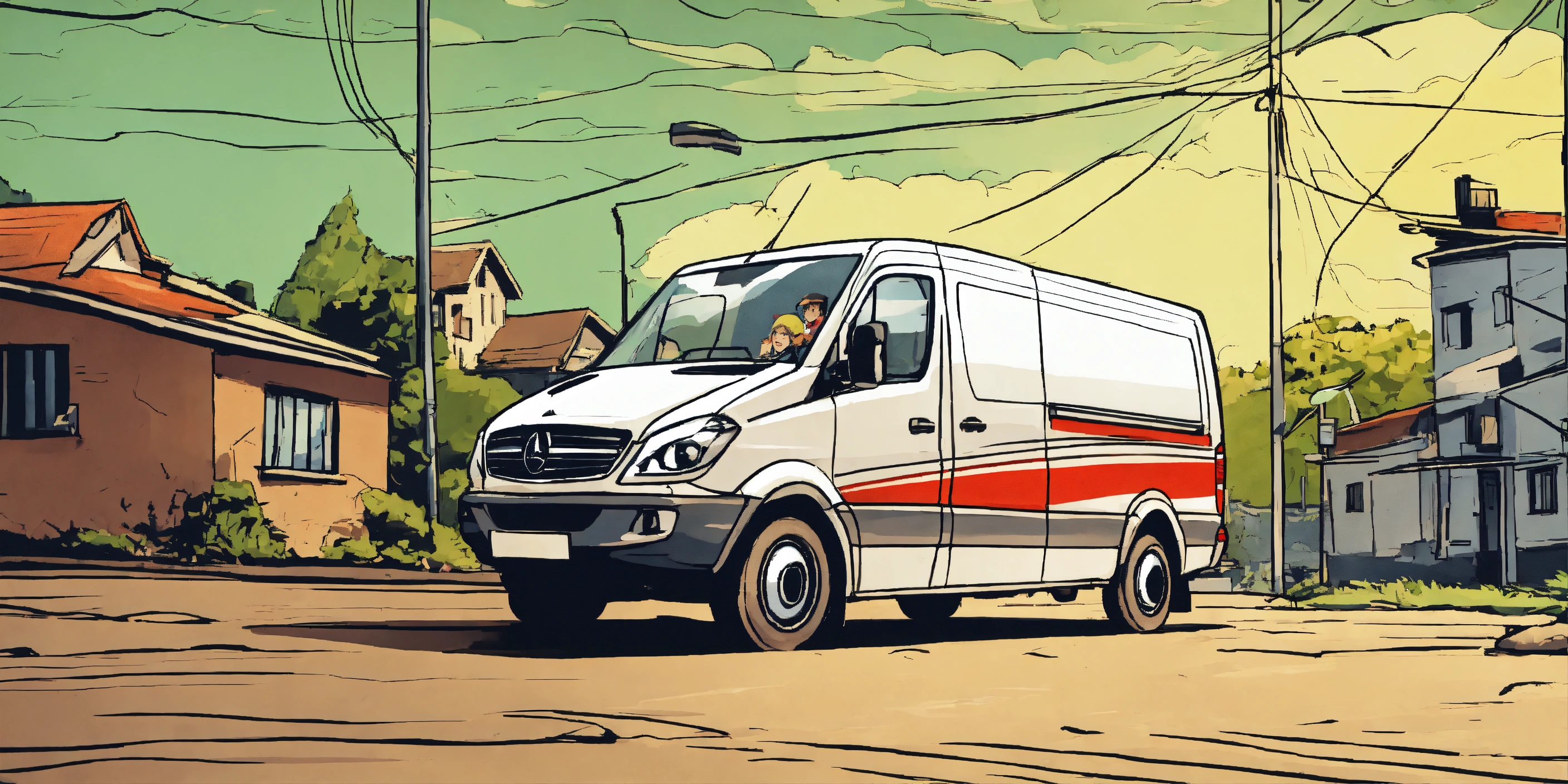 Lexica - A white sprinter is driving in full speed at a street at a ...