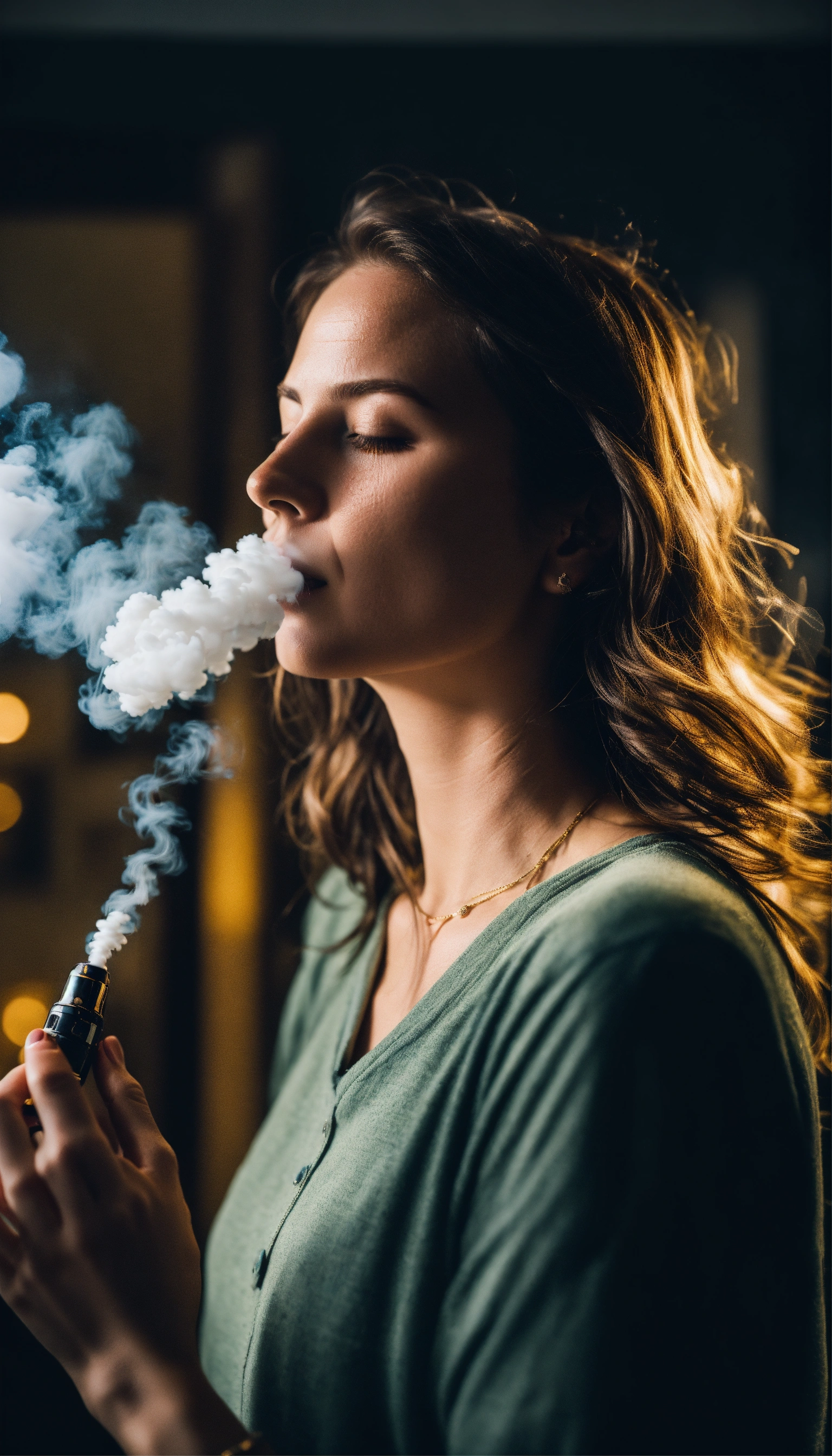 Lexica - British woman, aged late 30s, she is using a vape and is ...