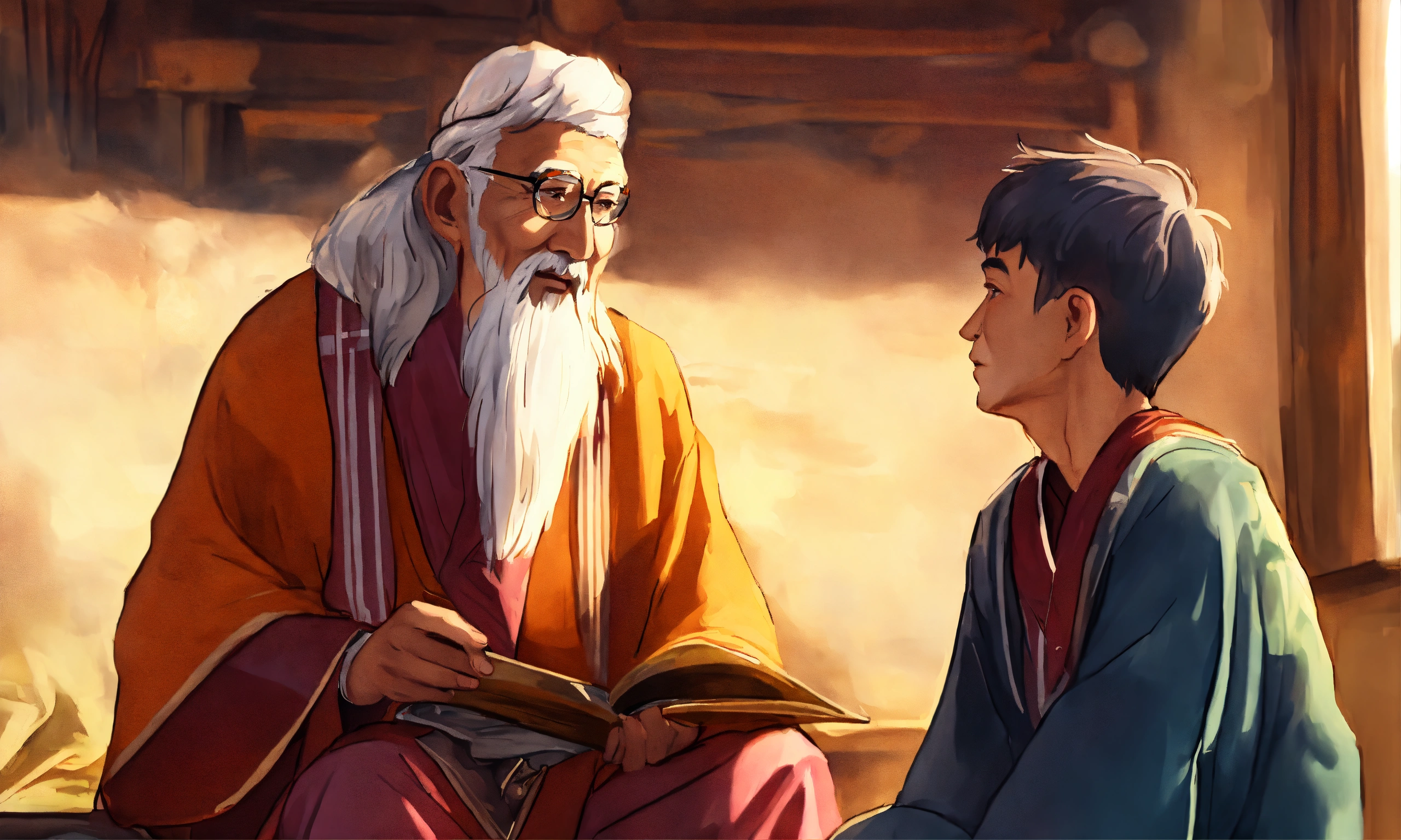 Lexica - A hand drawn painting of a wise old man talking to a young man ...