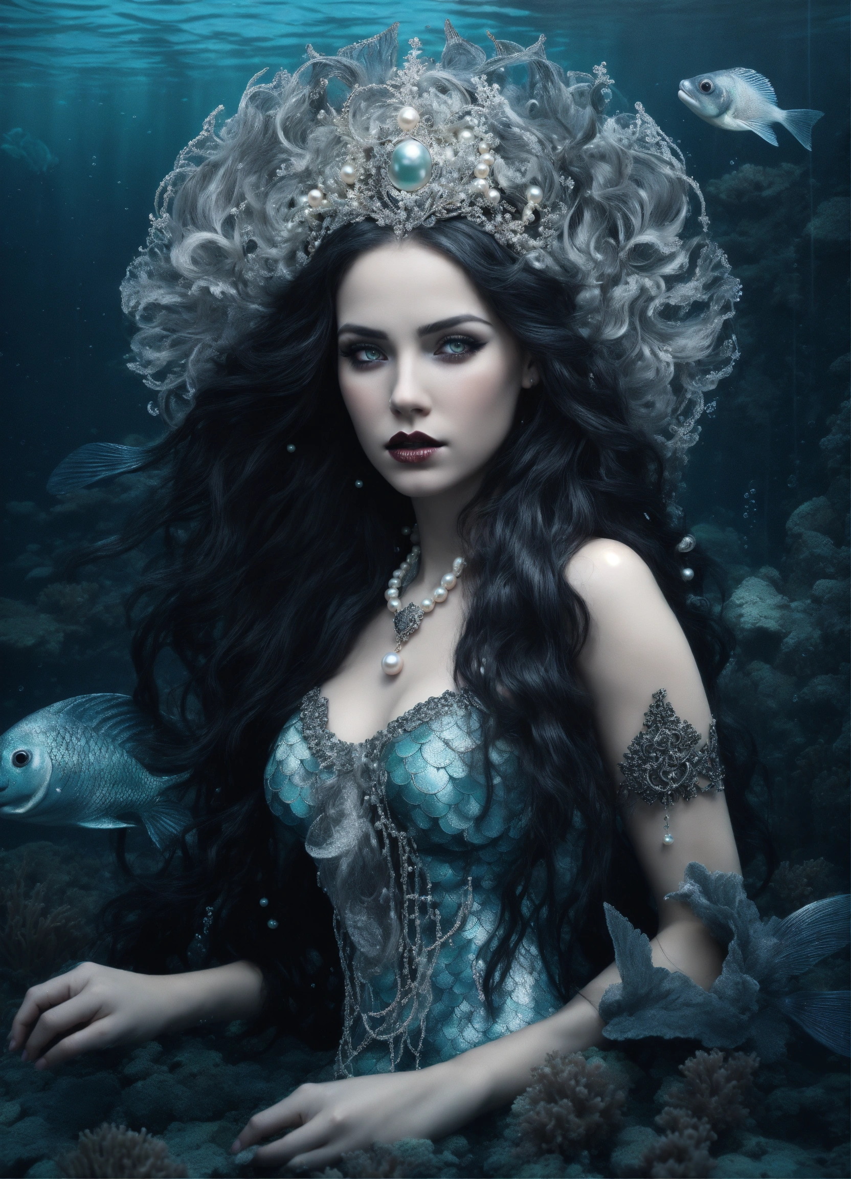Lexica - Fullbody black and white photography, beautiful gothic mermaid ...
