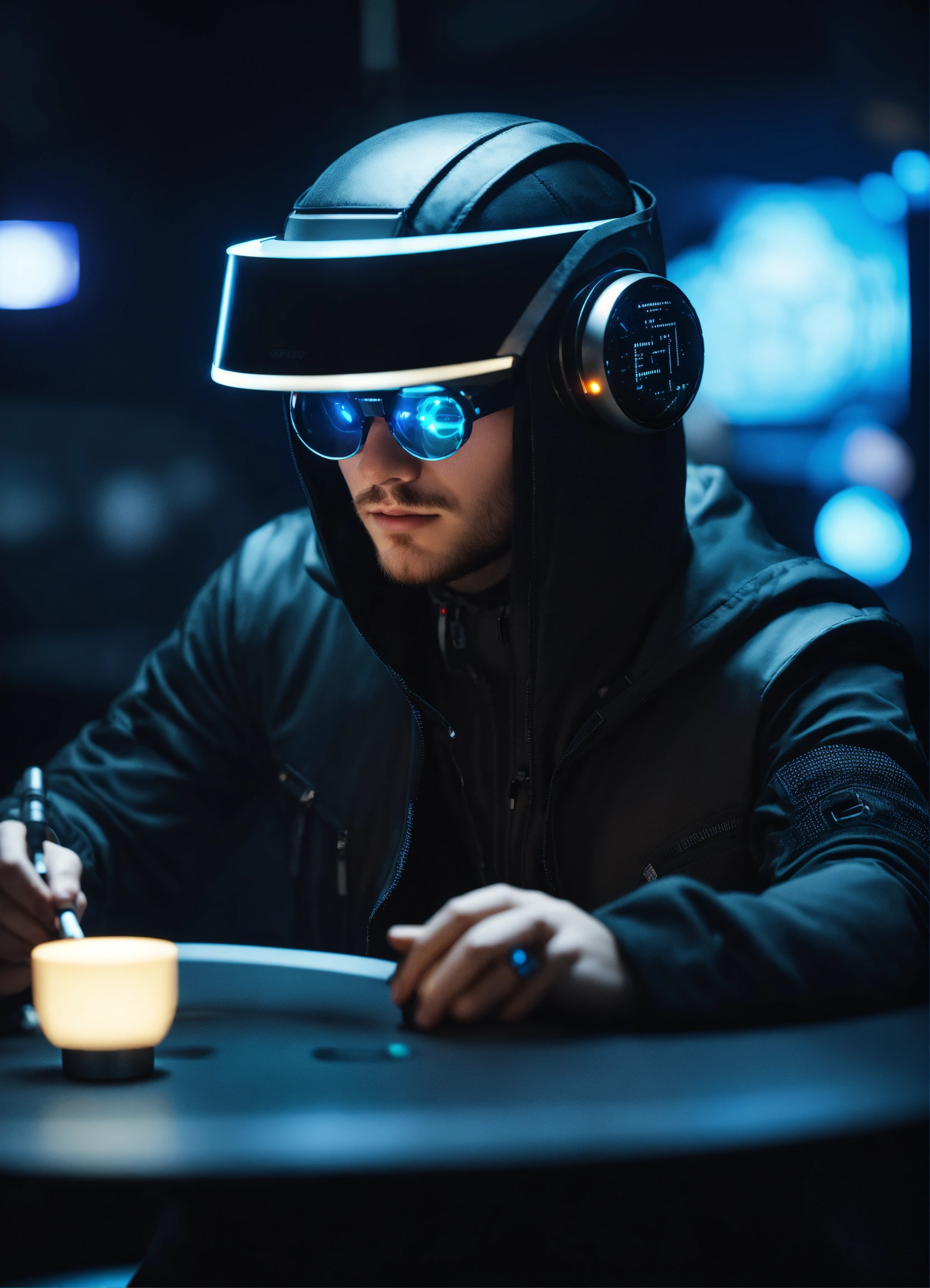 Lexica - Nerdy 25 year old male hacker wearing futuristic clothing, hi ...