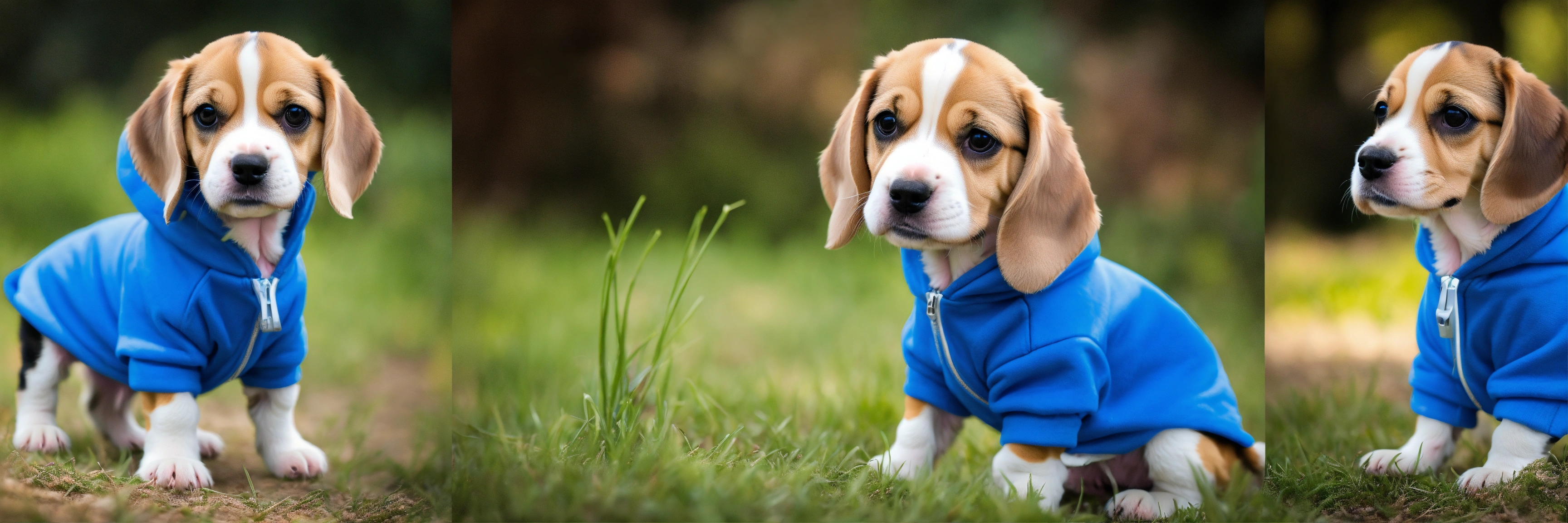 Lexica - 2 cheerful miniature beagle puppies wearing electric blue hoodies.