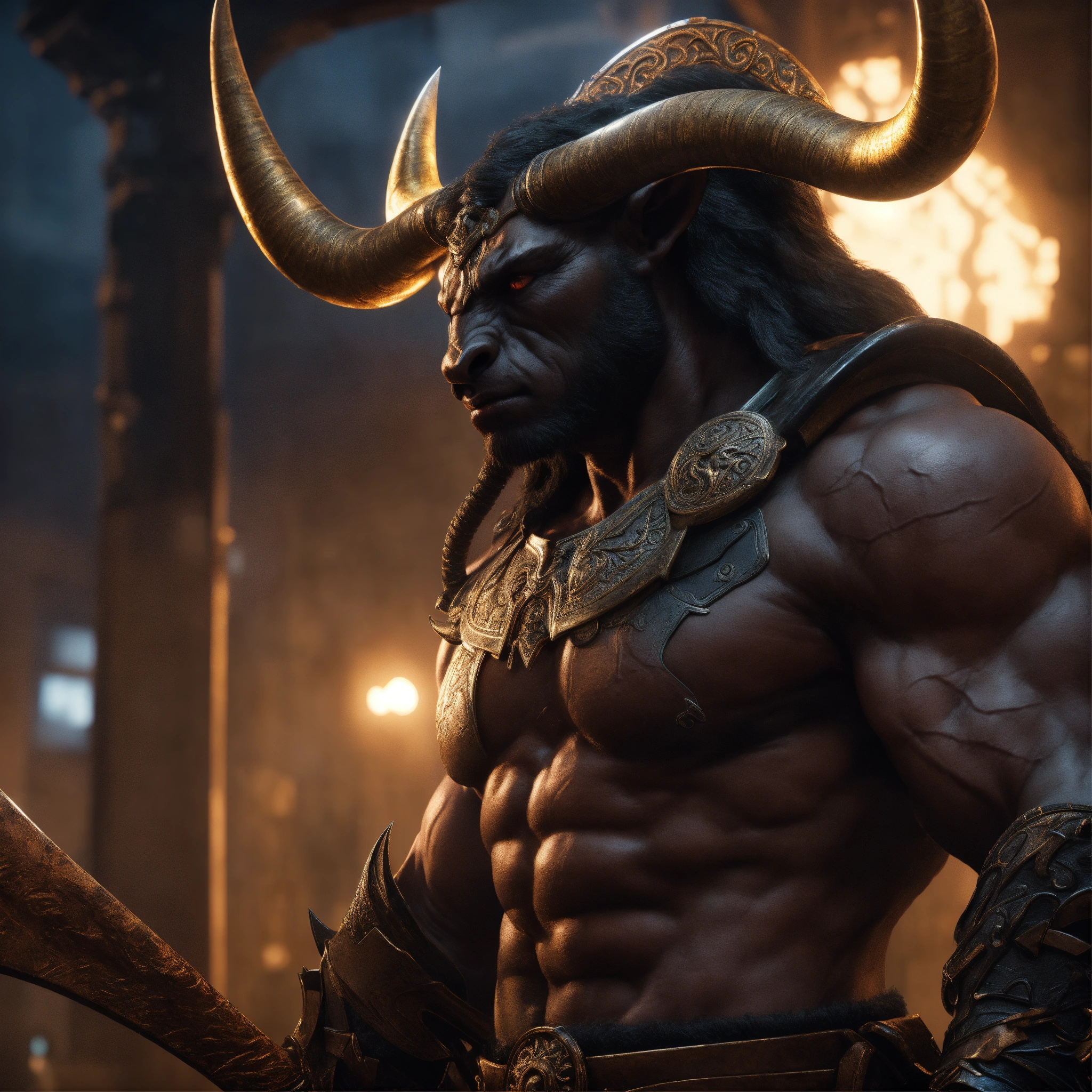 Lexica - Black minotaur, broken horn, holding great axe, profile close ...