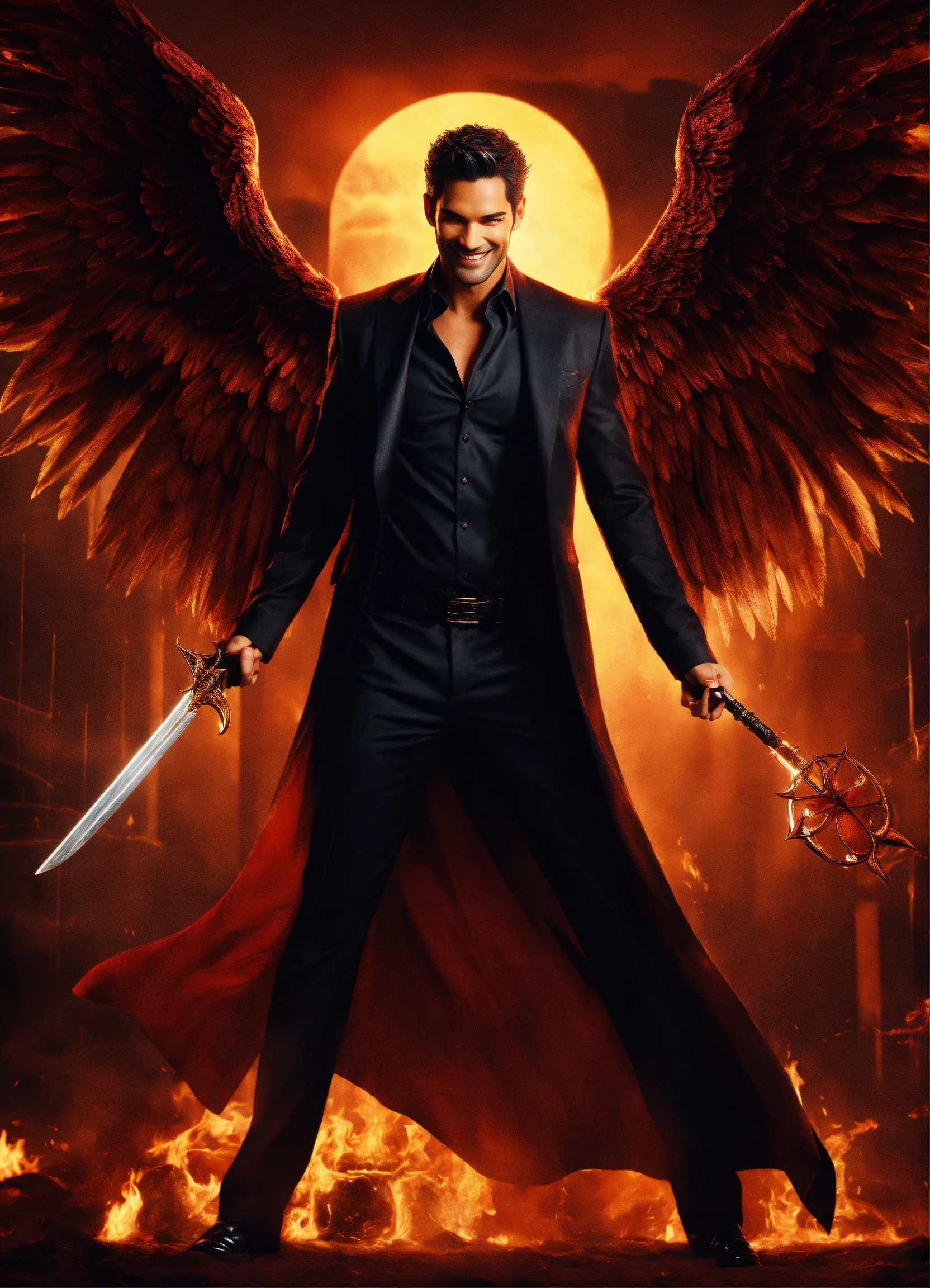 Lexica - Lucifer as an angel, evil grin, evil smile, full scene