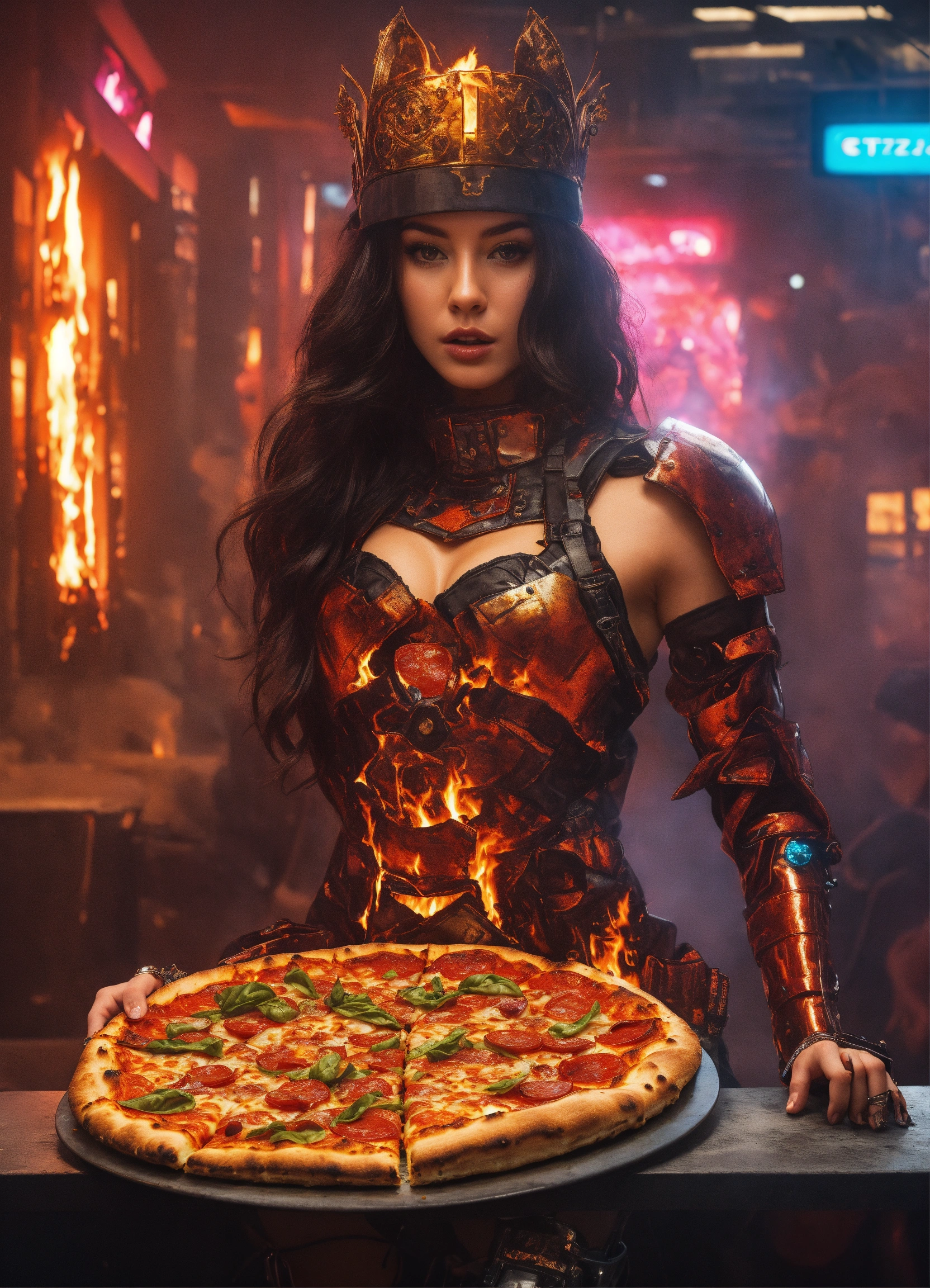 Lexica - Brunette queen of fire with pizza, cyber punk