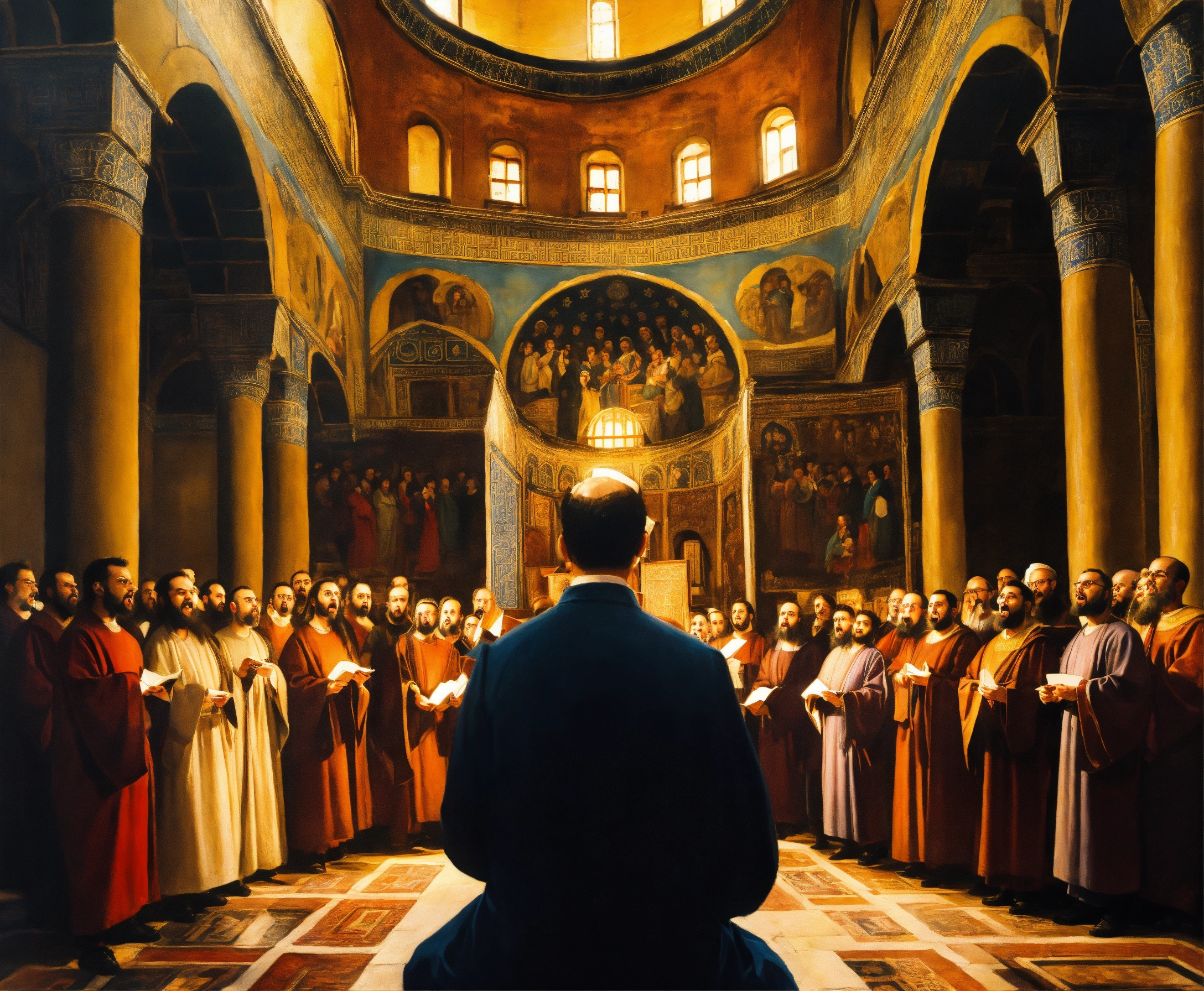 Lexica - A painting with a Greek orthodox choir singing in the Hagia Sophia