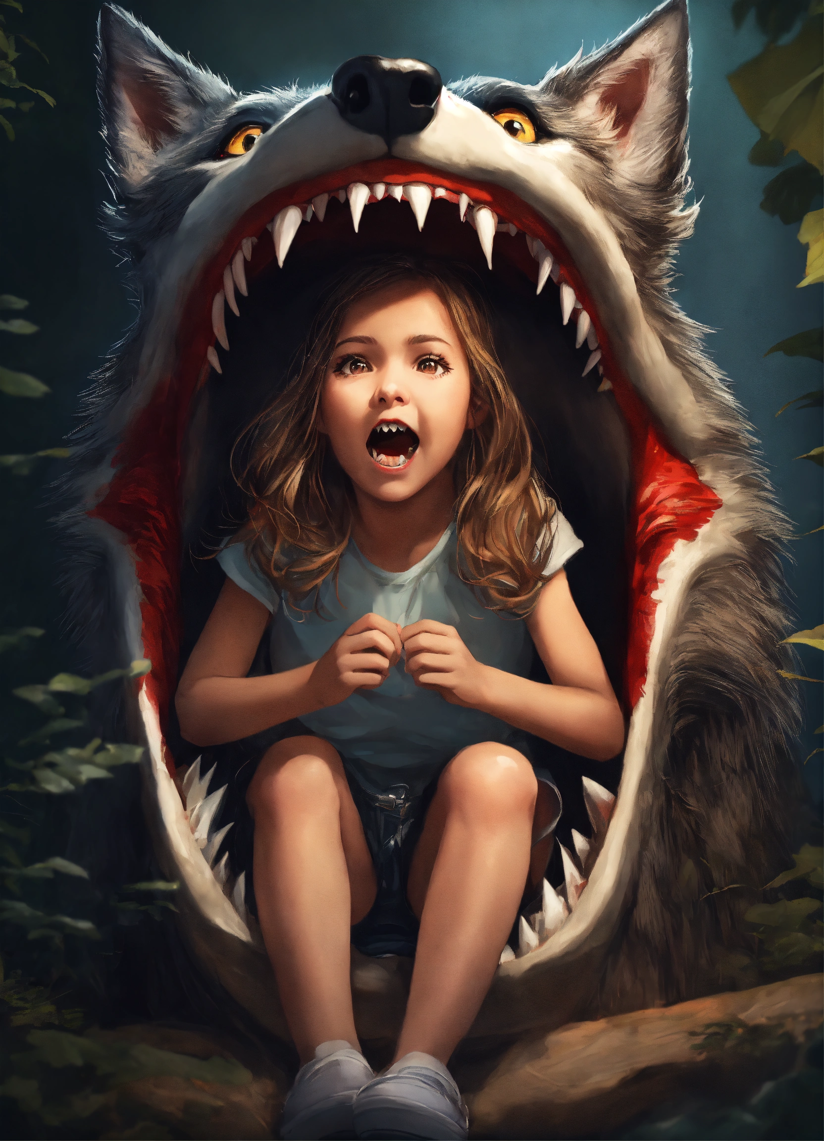 Lexica - Scared little girl sitting deep entirely inside wolf's open ...