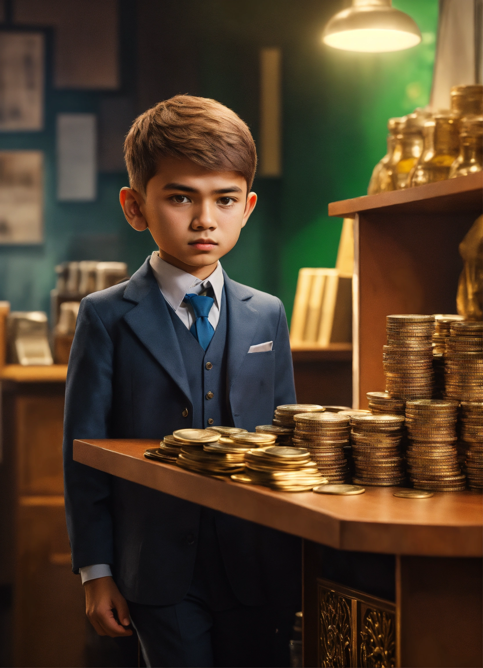 Lexica - The banker Young boy behind his counter dressed in serious ...