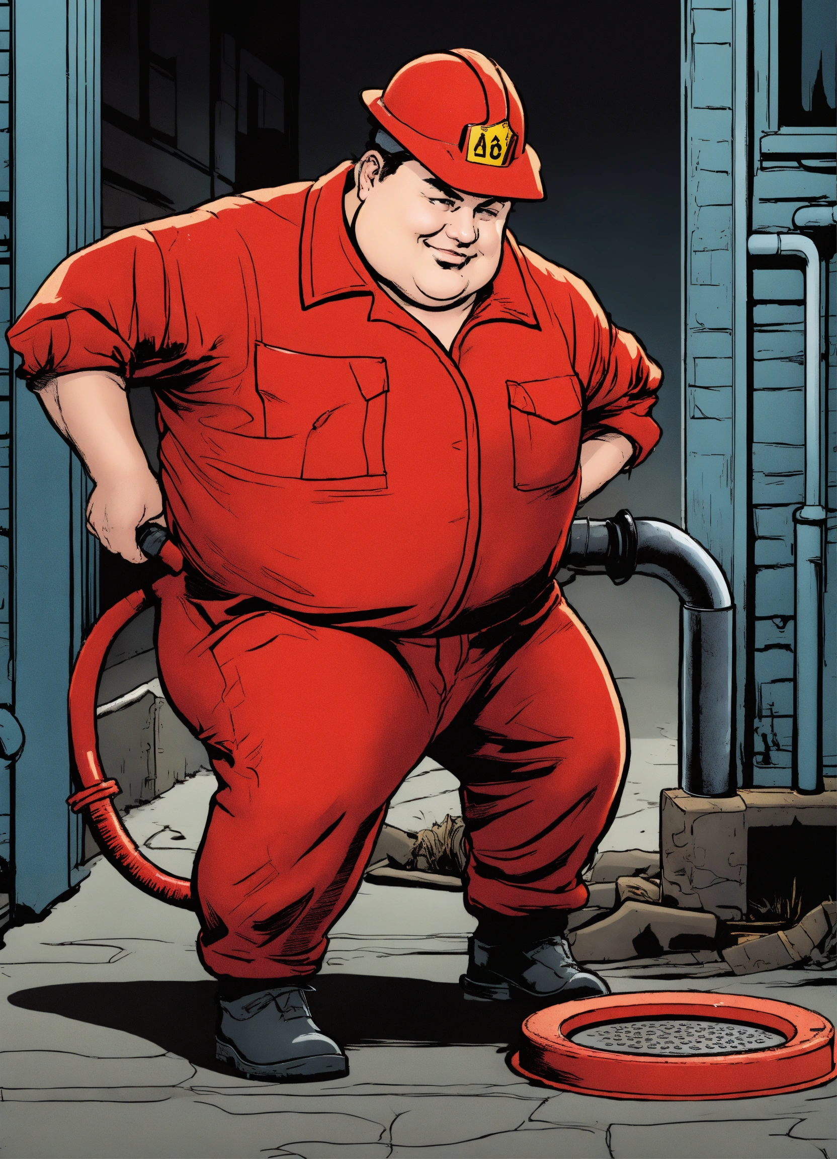 Lexica - A plumper with a red overall outfit and a red hard hat put a ...