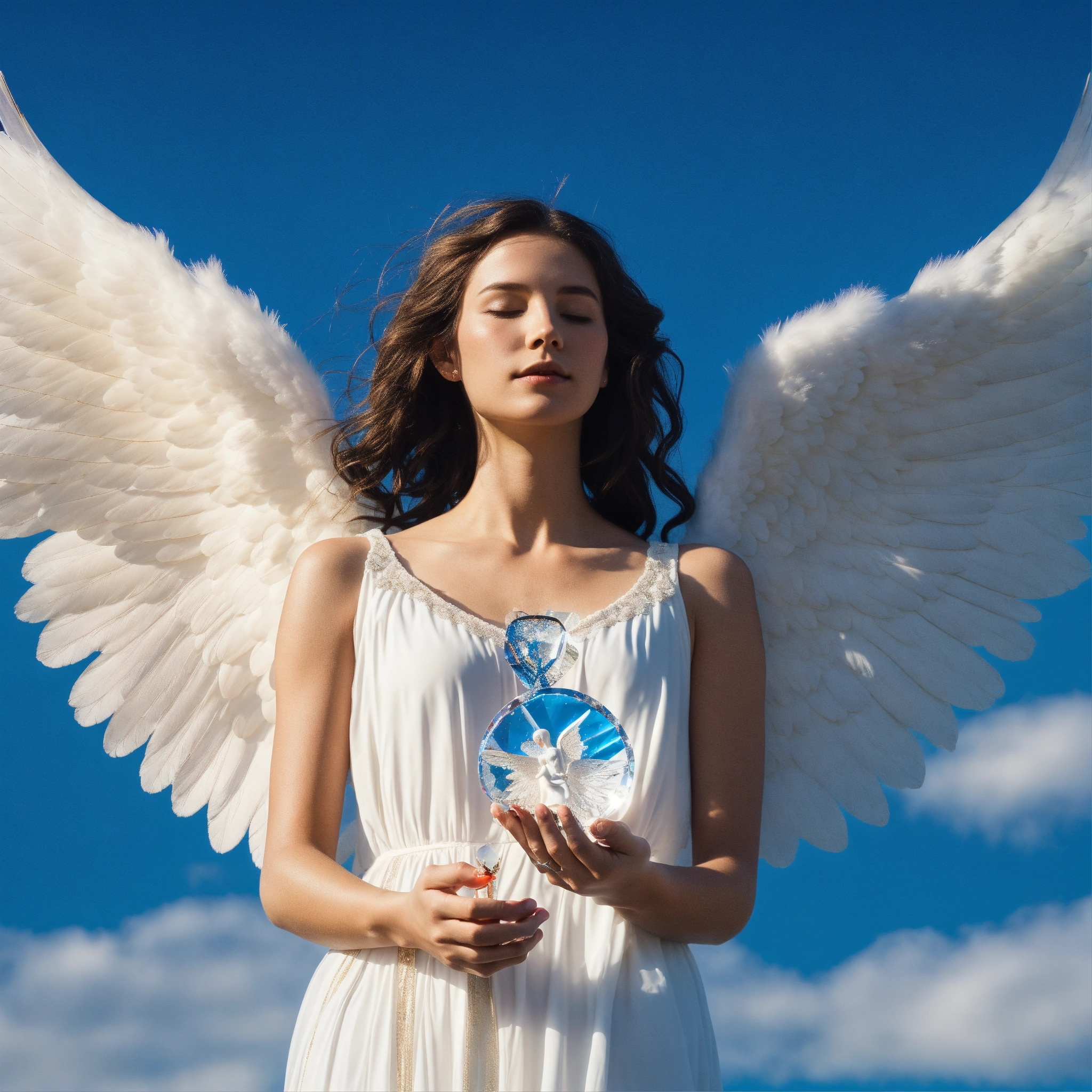 Lexica - A photo of a white angel with wings. The angel is holding a ...