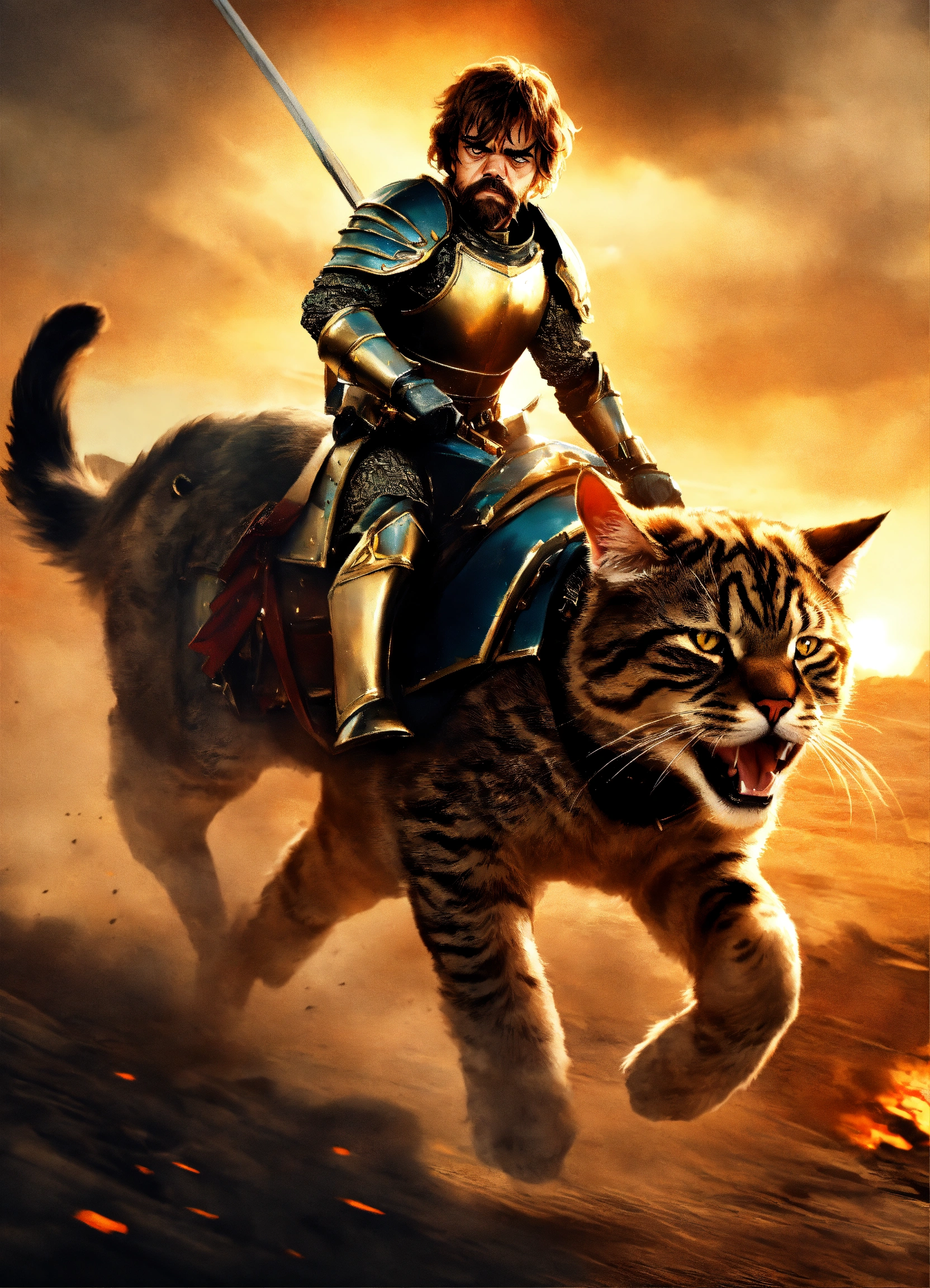 Lexica - A battle cat wearing armor, running across a battlefield ...