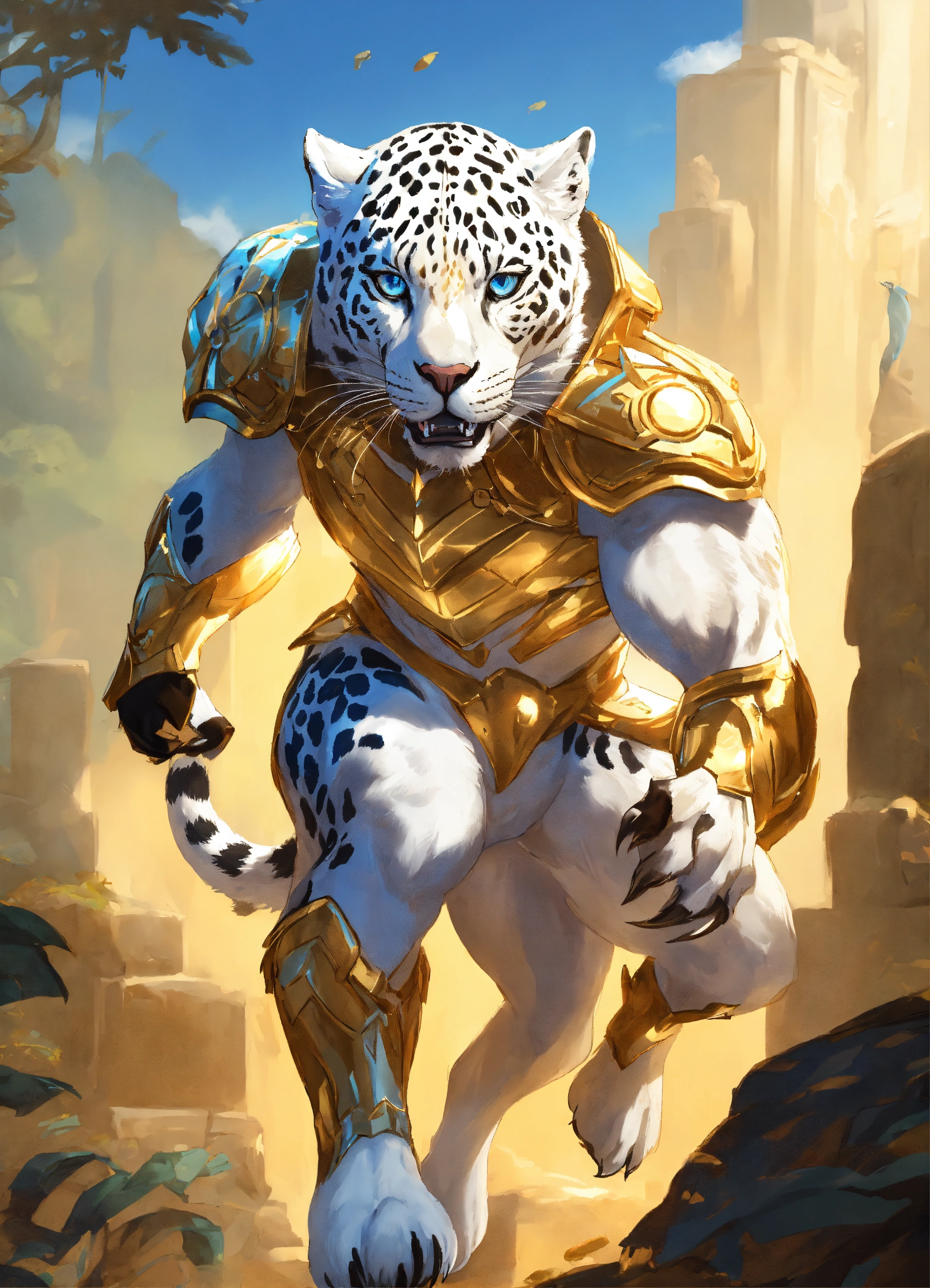 Lexica - Antho white jaguar with gold rosettes, golden tipped fangs ...