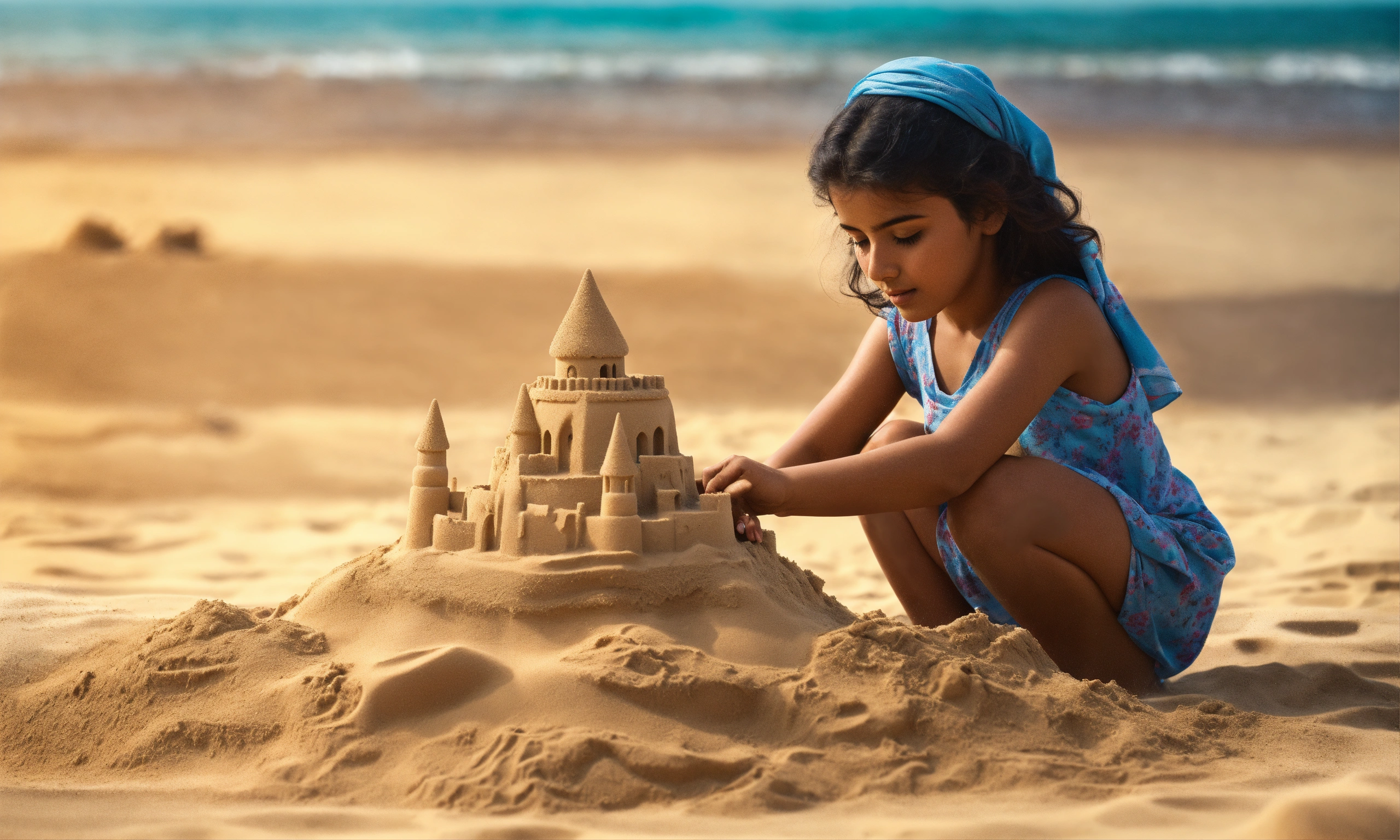 Lexica - Saudi girl, building sand castle, close up, beach, photo ...