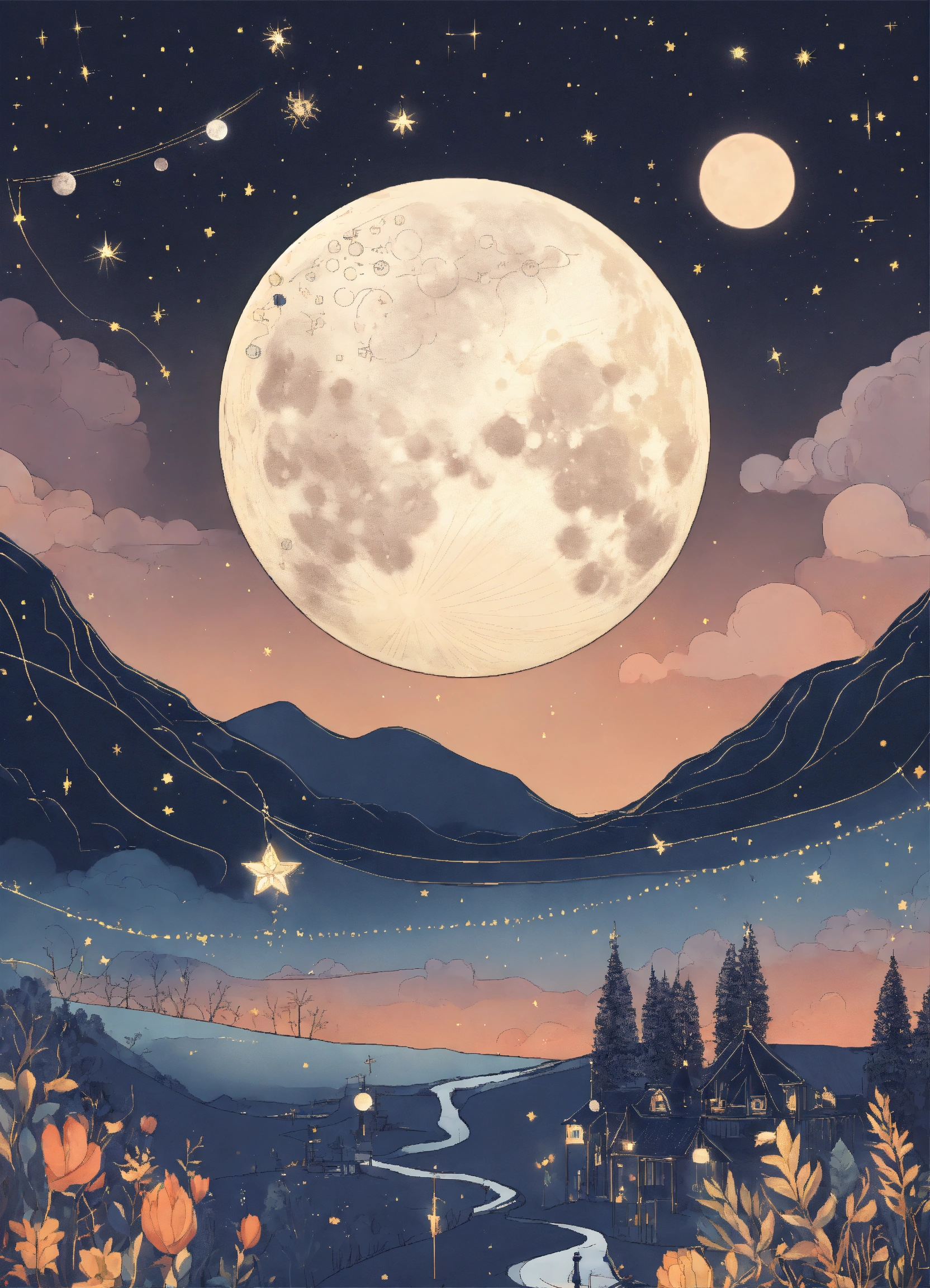 Lexica - Simple line art of whimsical moon with glimmering ...