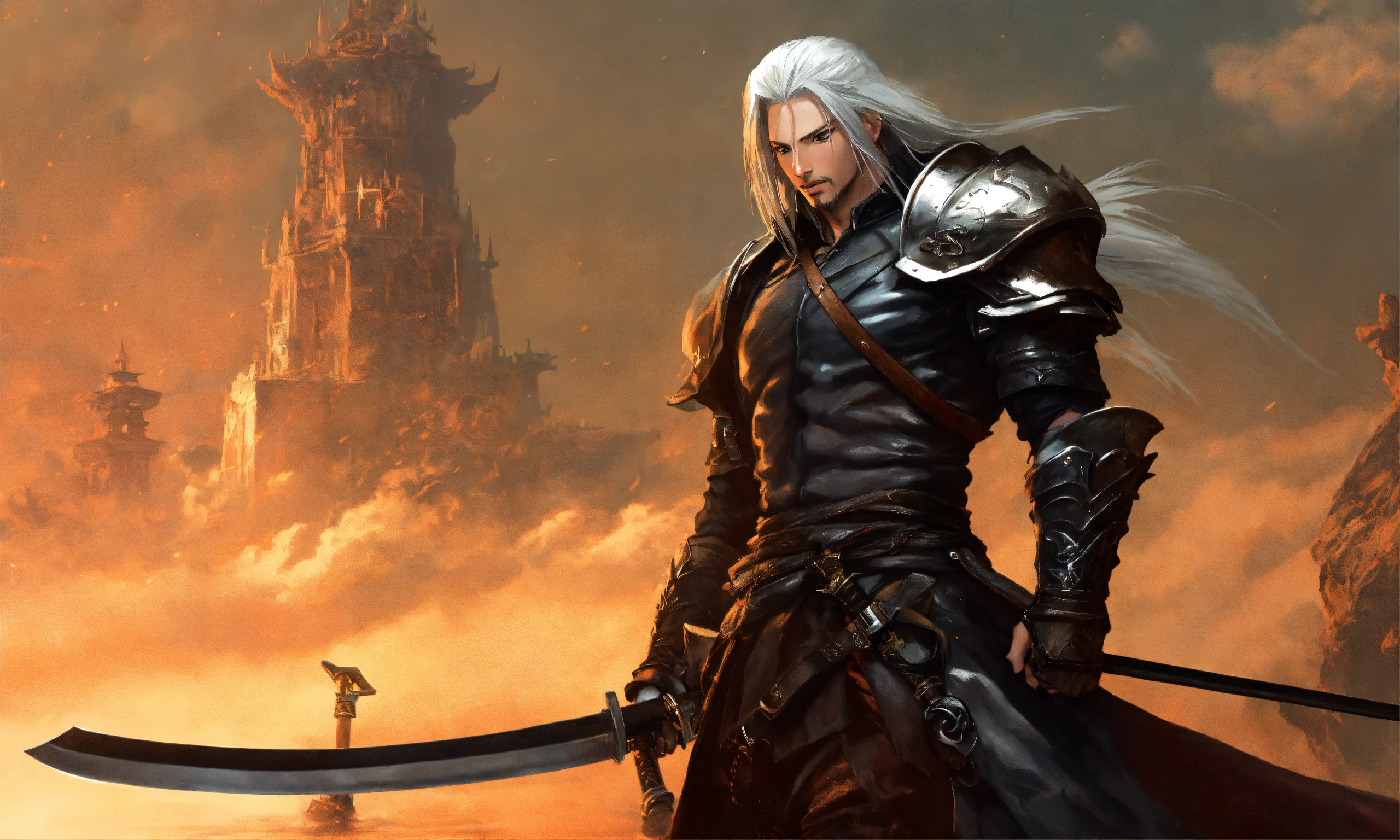 Lexica - Sephiroth, long masamune katana, frank frazetta style