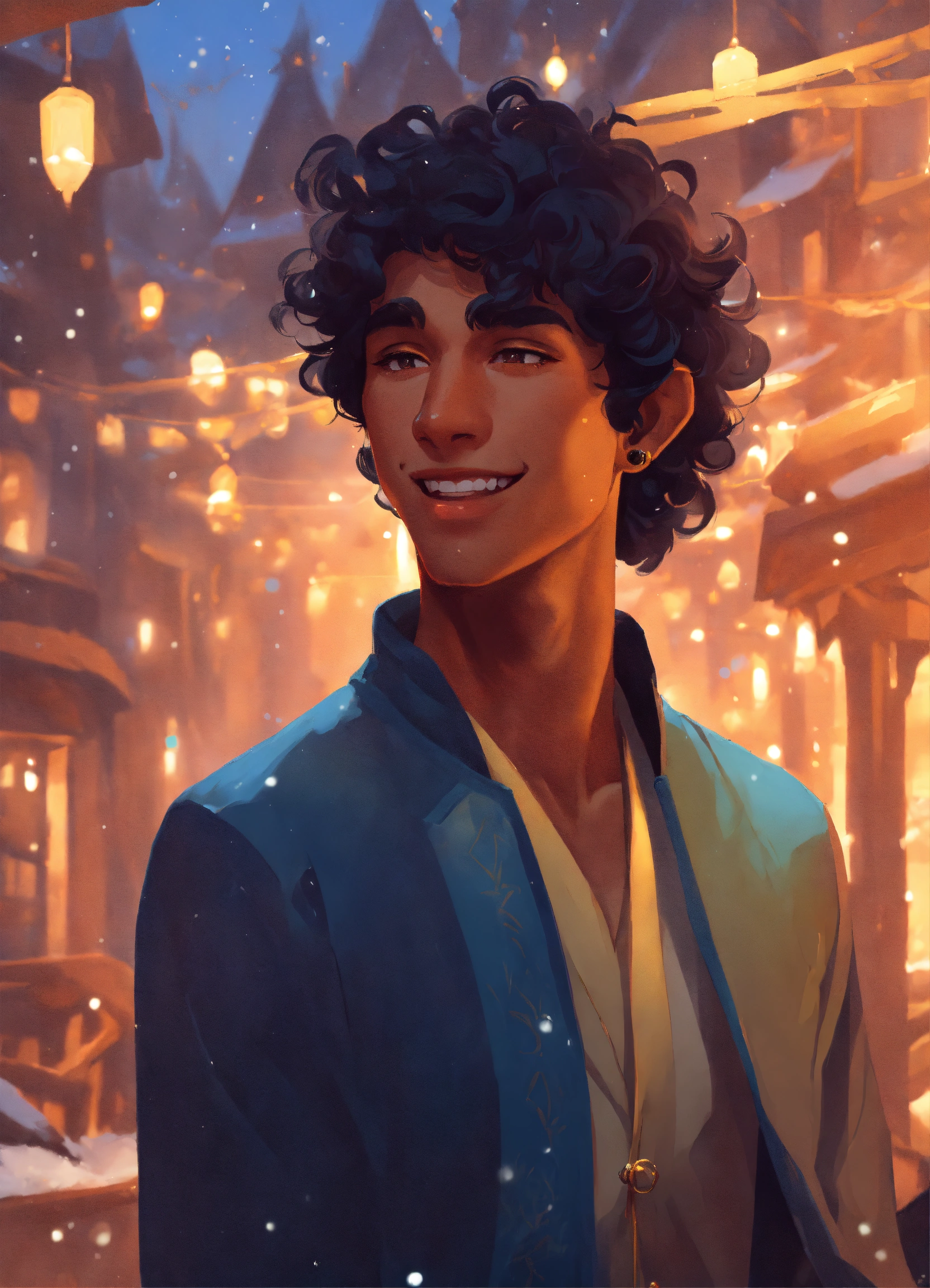 Lexica - 25 year old elf man, curly black hair, tan skin, hazel eyes ...