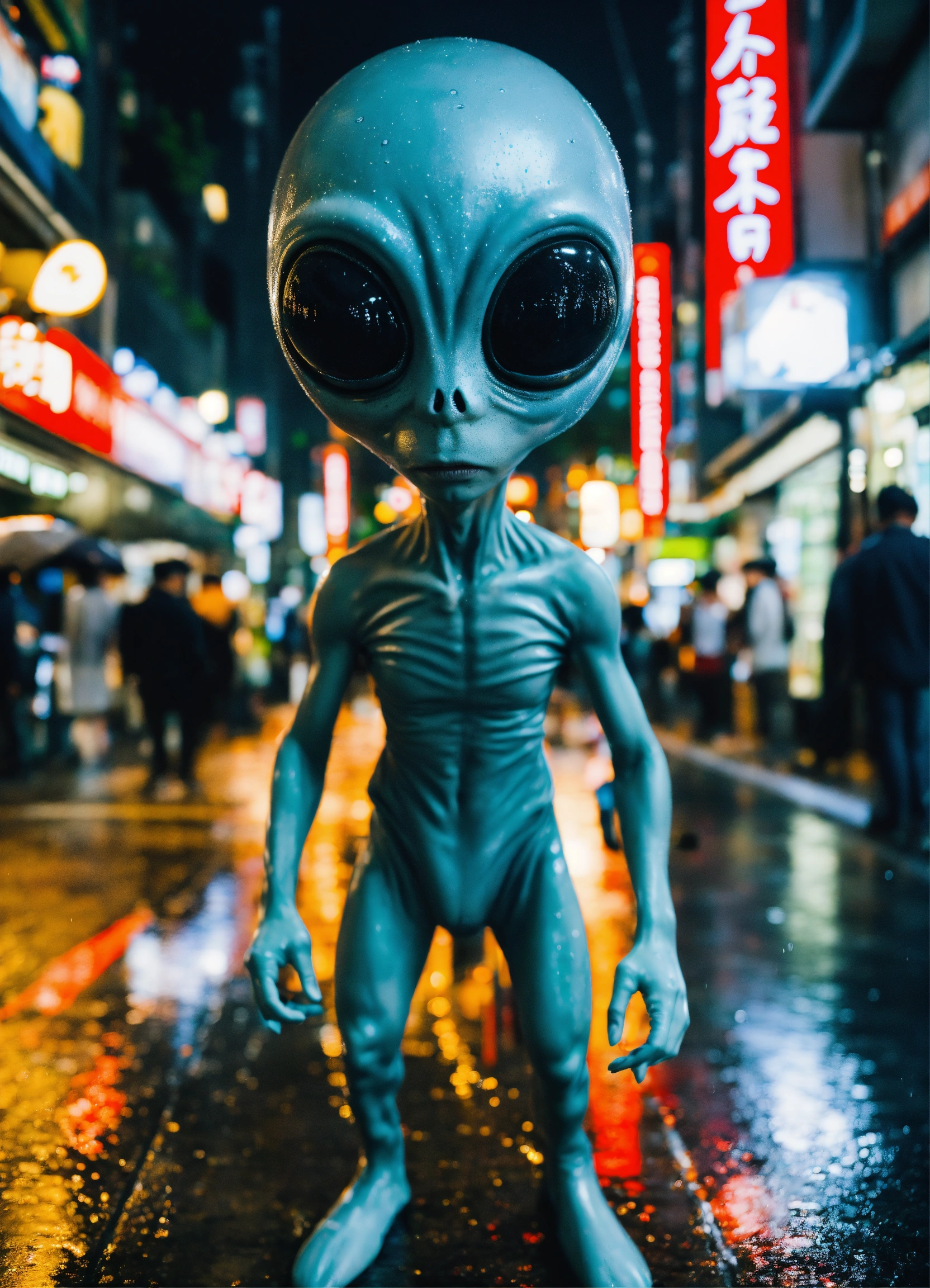 Lexica - Very cute, realistic grey alien standing in the street of ...