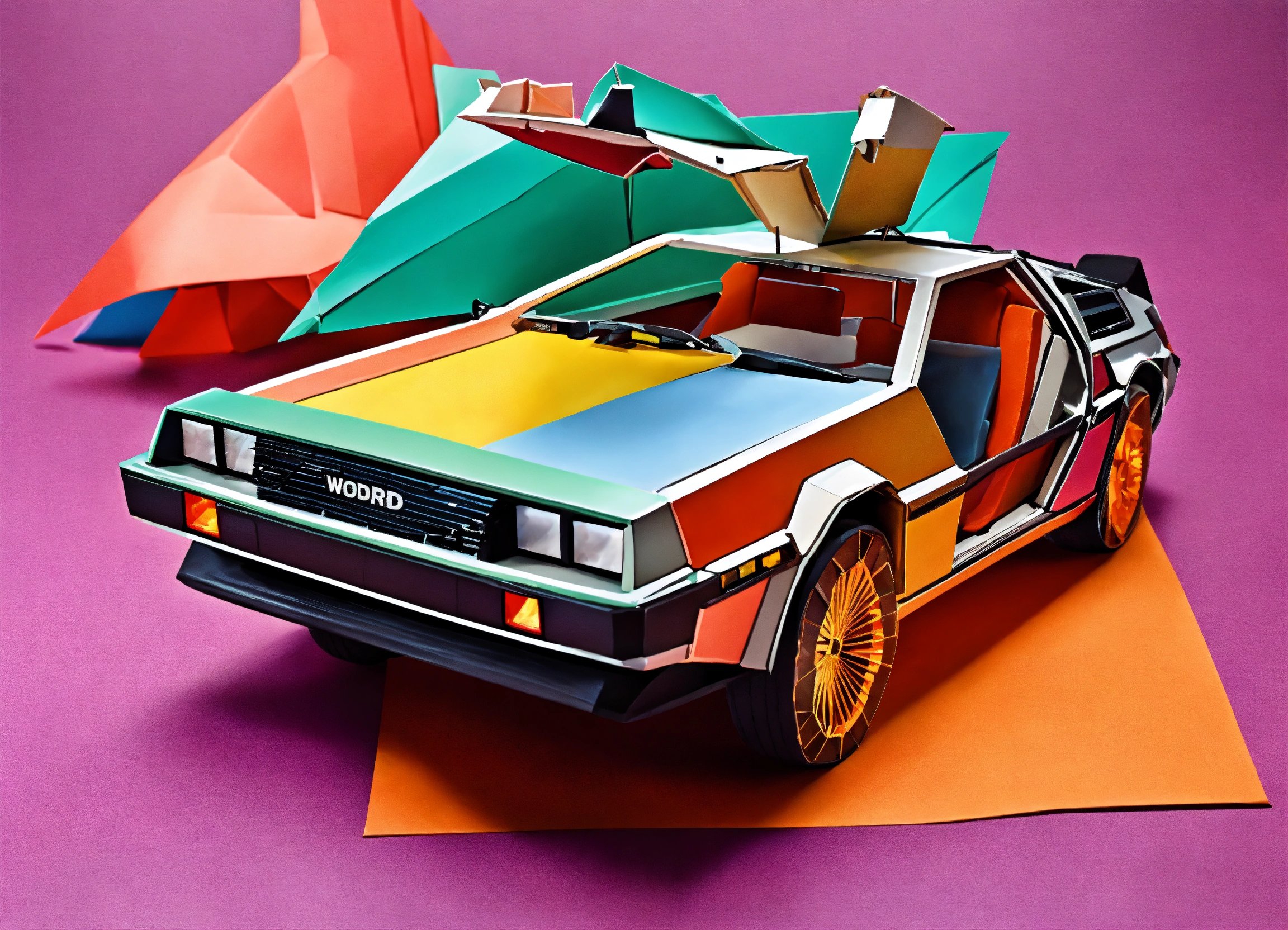 Lexica - Half-built DeLorean with colourful paper and woord origami ...