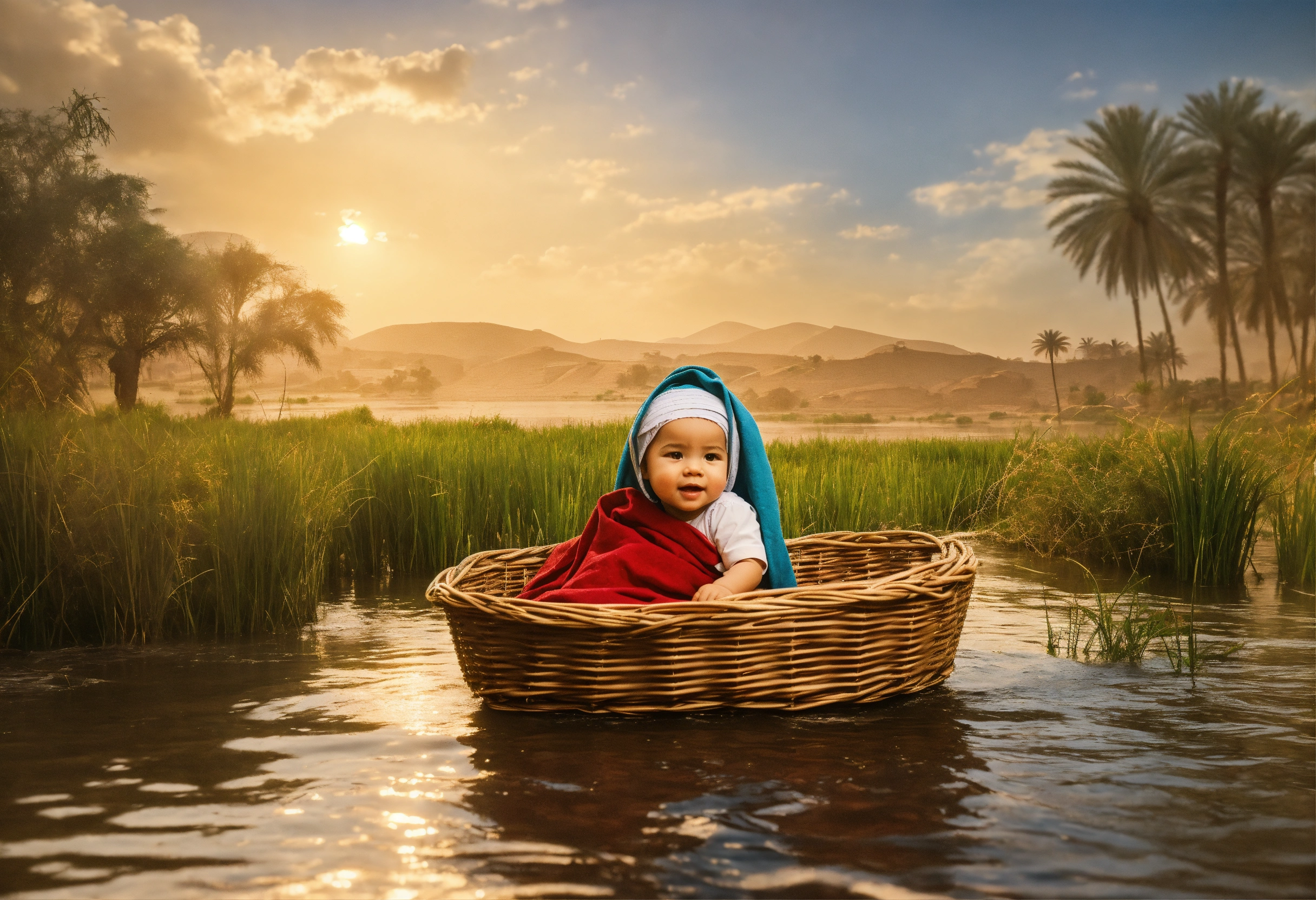 Lexica - Baby Moses in a basket going down the Nile River