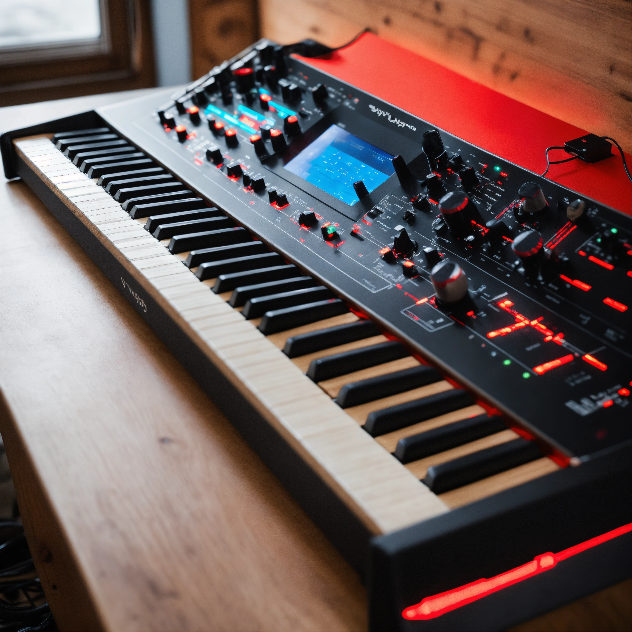 Lexica - A photo of a synthesizer. The synthesizer is black with red ...