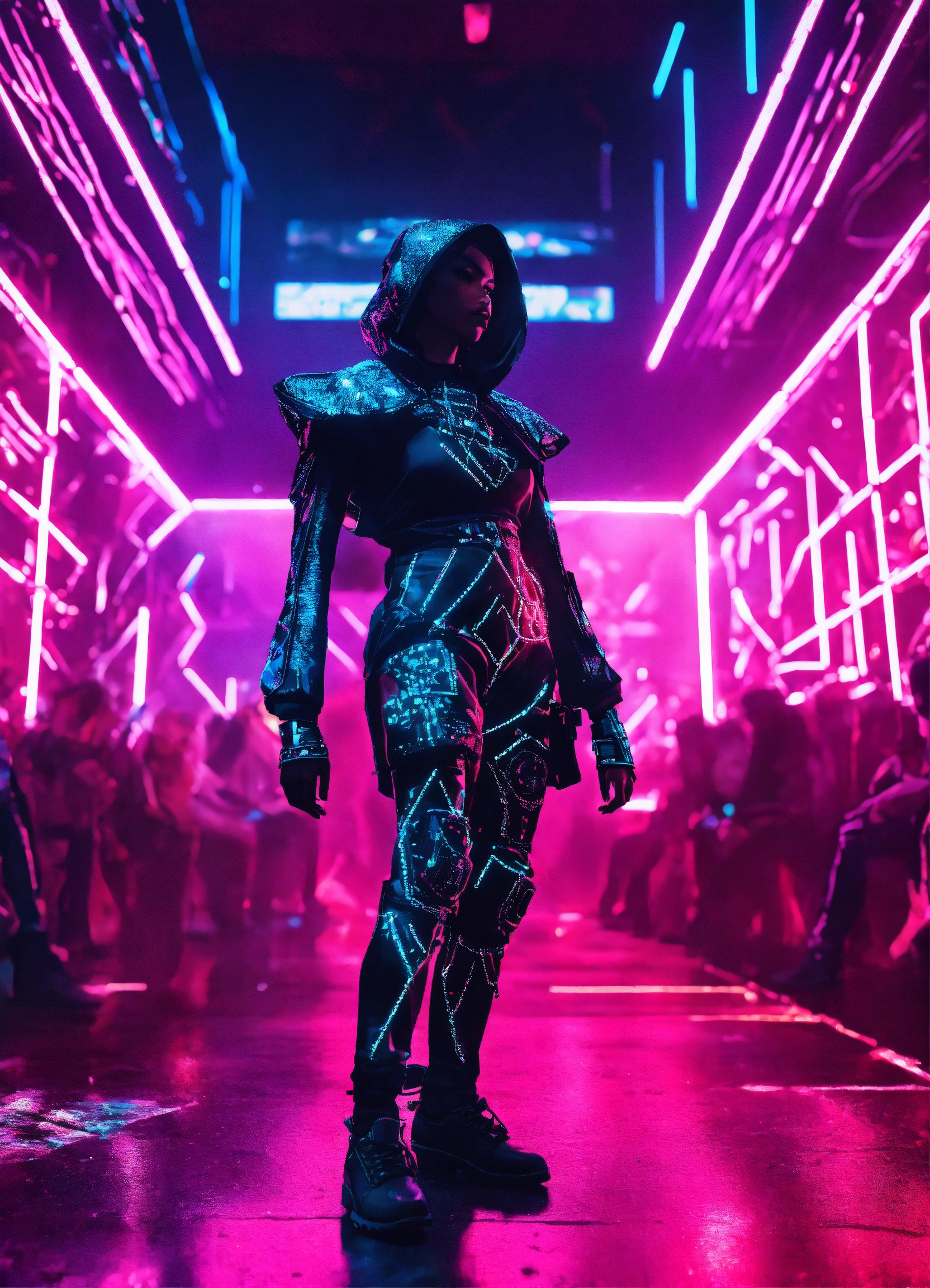 Lexica - Cyberpunk Raver dancing in diamond and shimmer black neon ...