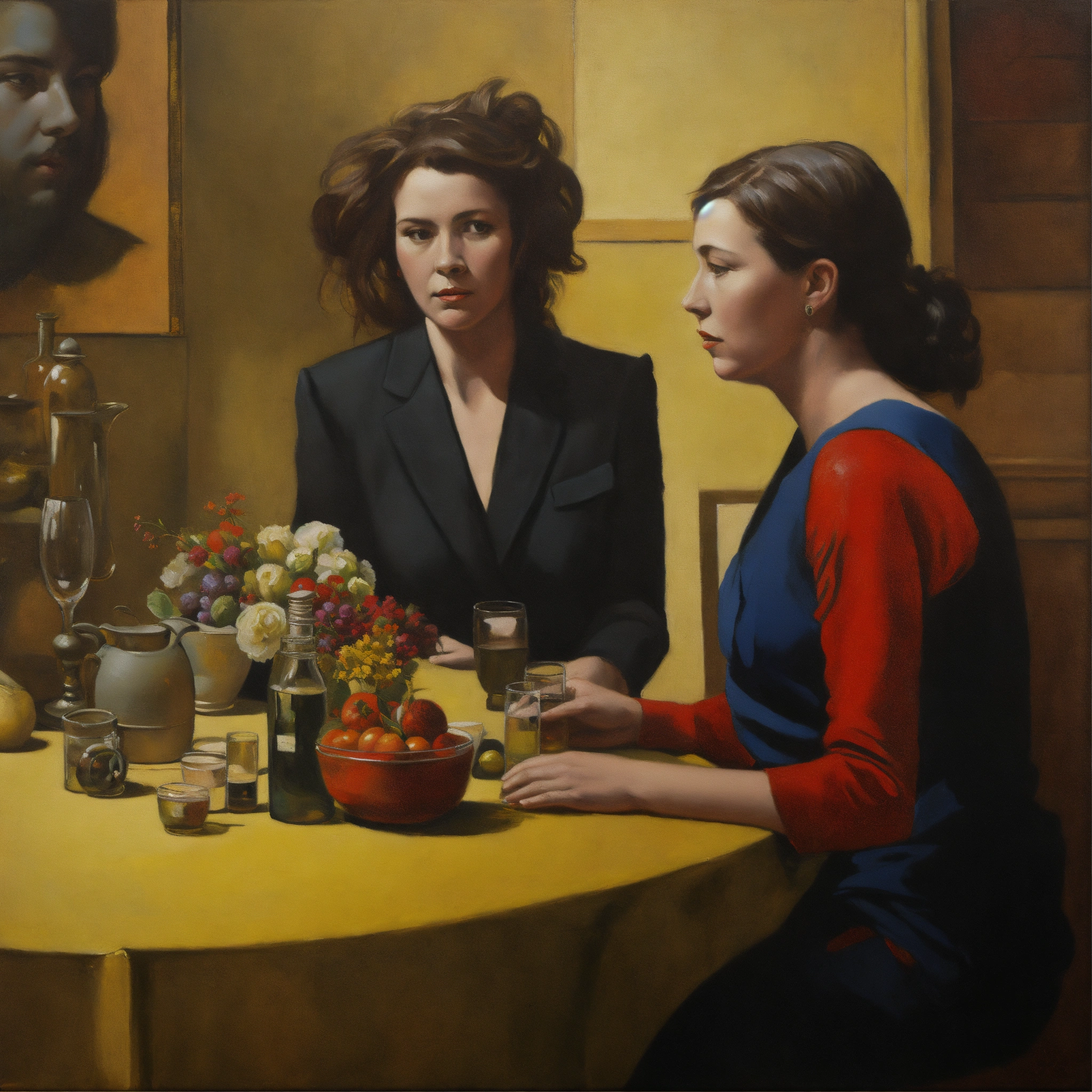 Lexica - 2 woman tallking in table in oil painting style charles jones ...