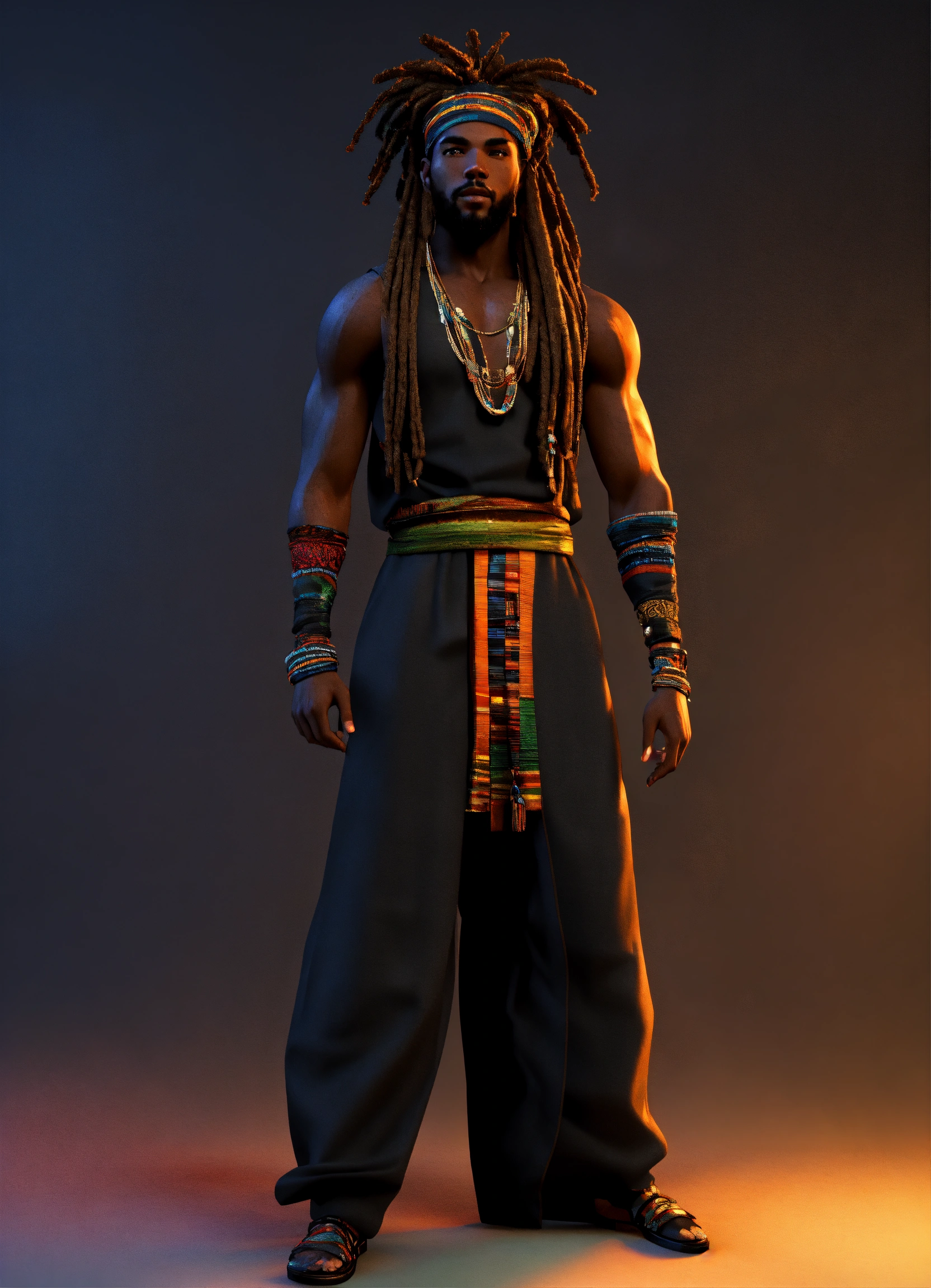 Lexica - 3d render of a Black man with long flowing dreadlocks, 6'5" tall, well-built, full body ...