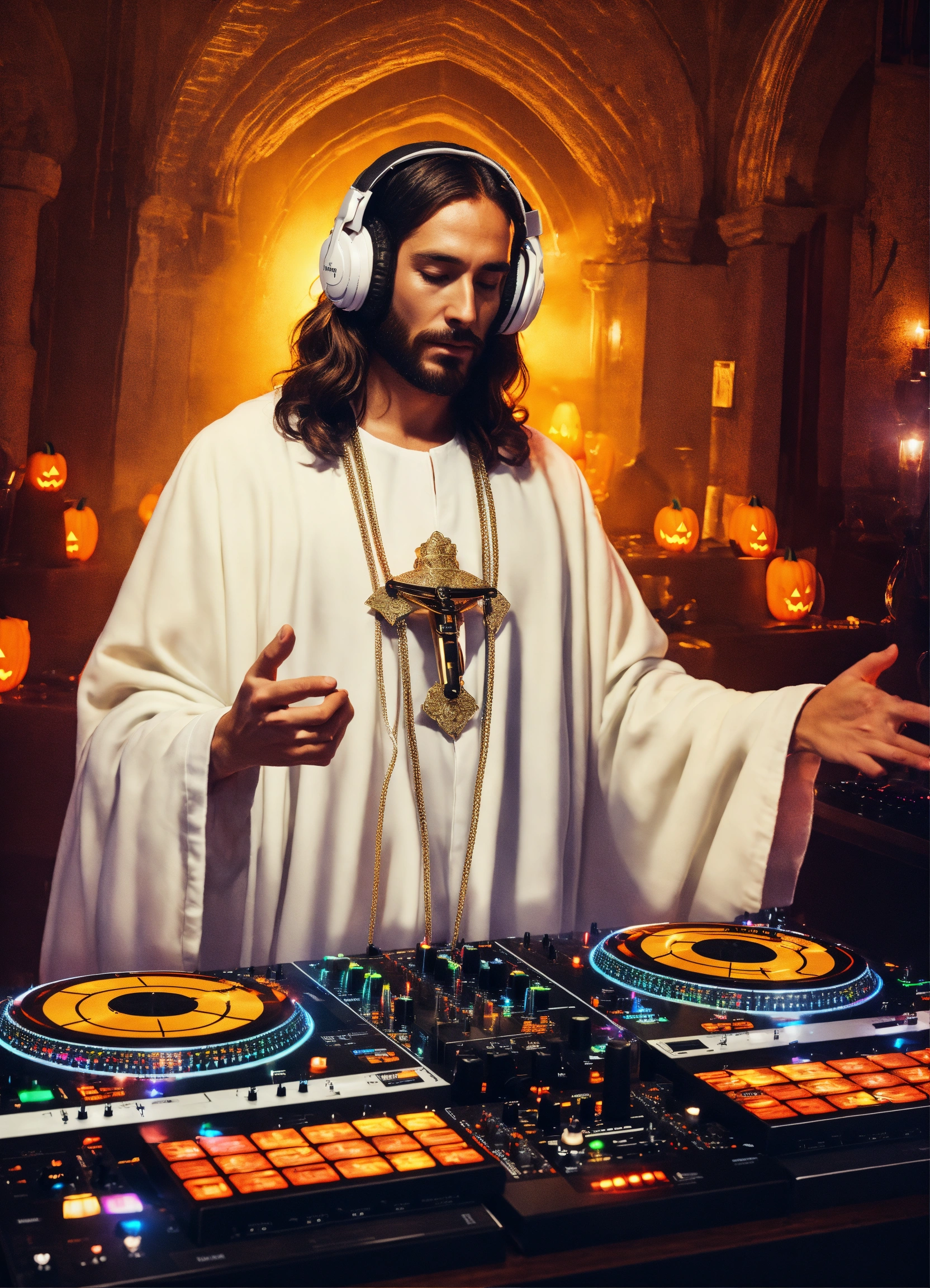 Lexica - Jesus christ with white robe celebrating Halloween in a club ...